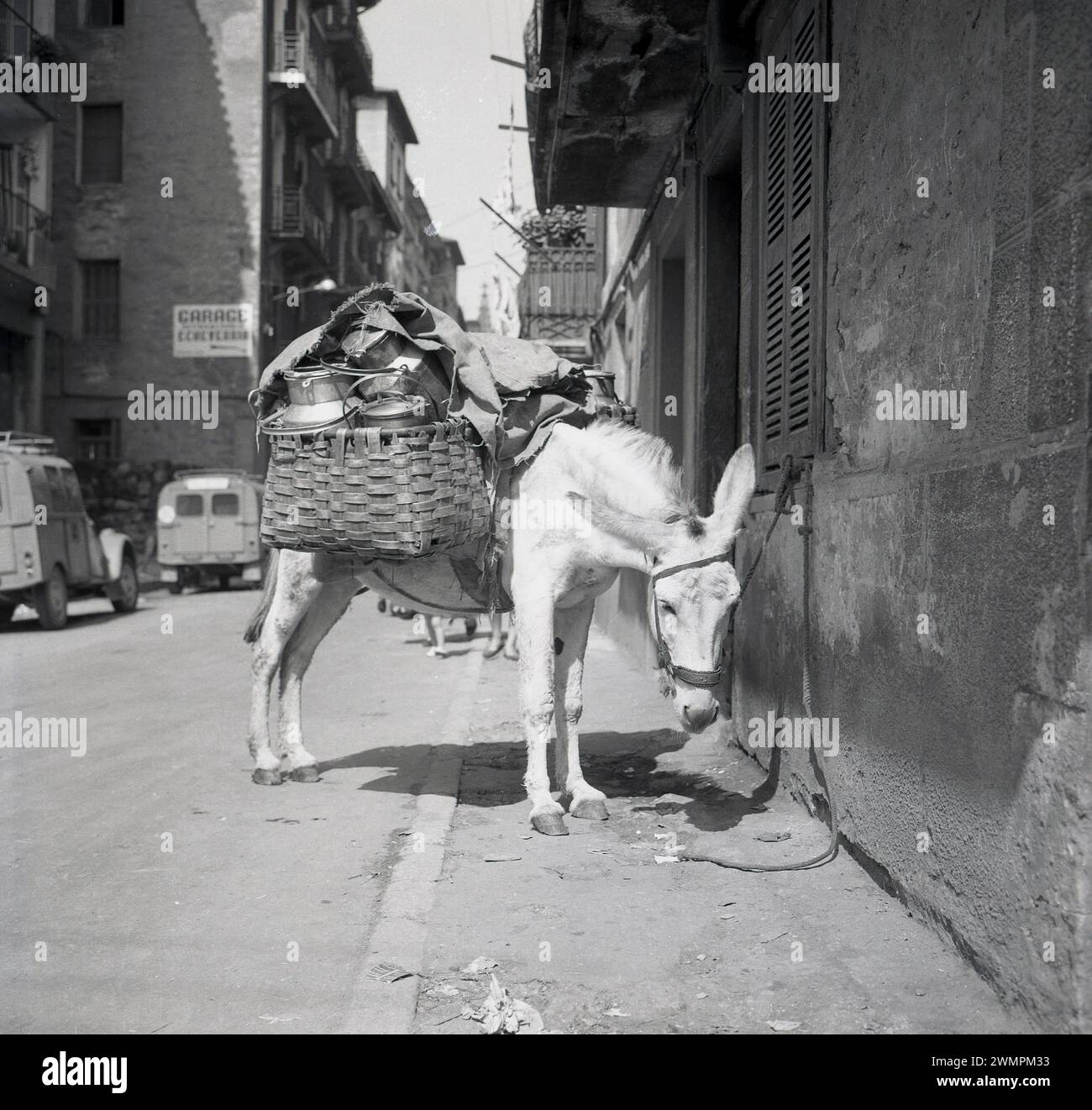 1960s, historical, a donkey in a side street, tied to wall, wicker baskets filled with metal ...