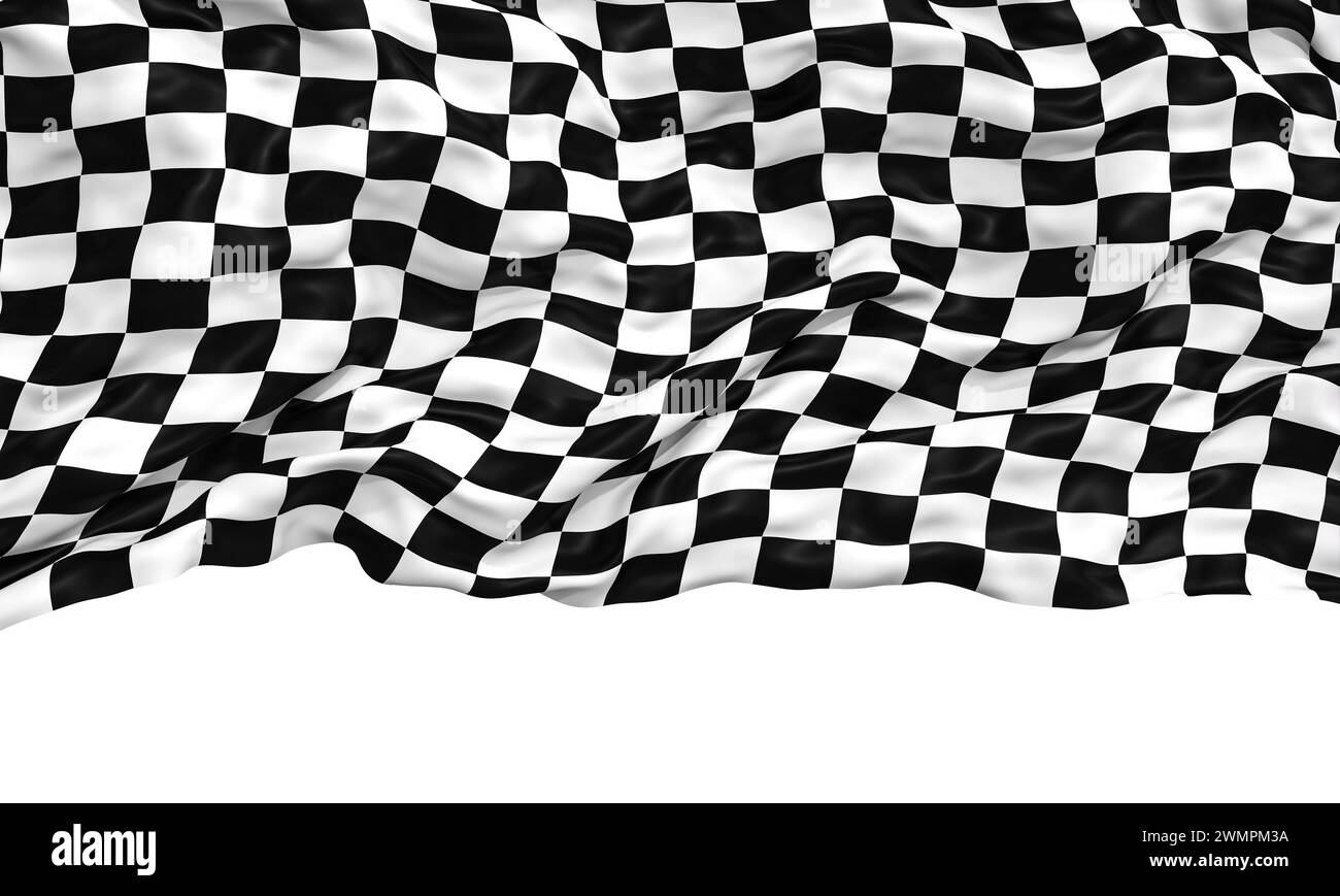 Abstract black and white checkered flag pattern waving in motion on a rippling background. 3d ...