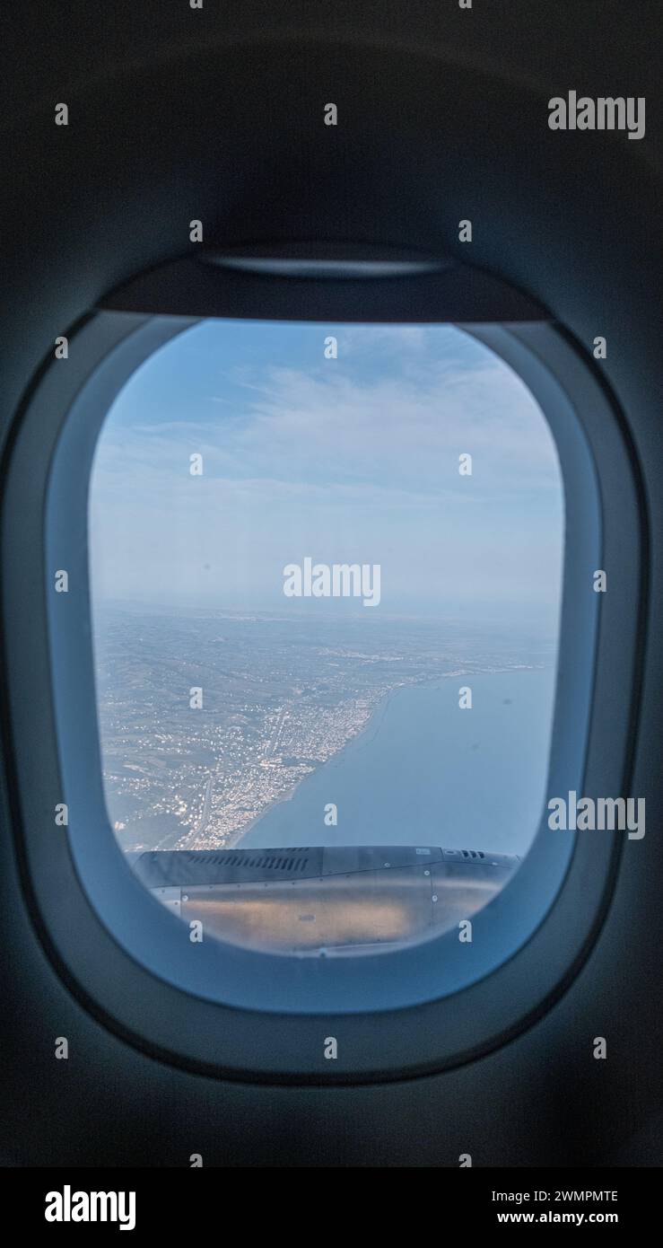 View from window of airplane during flight at beautiful sunrise Stock ...