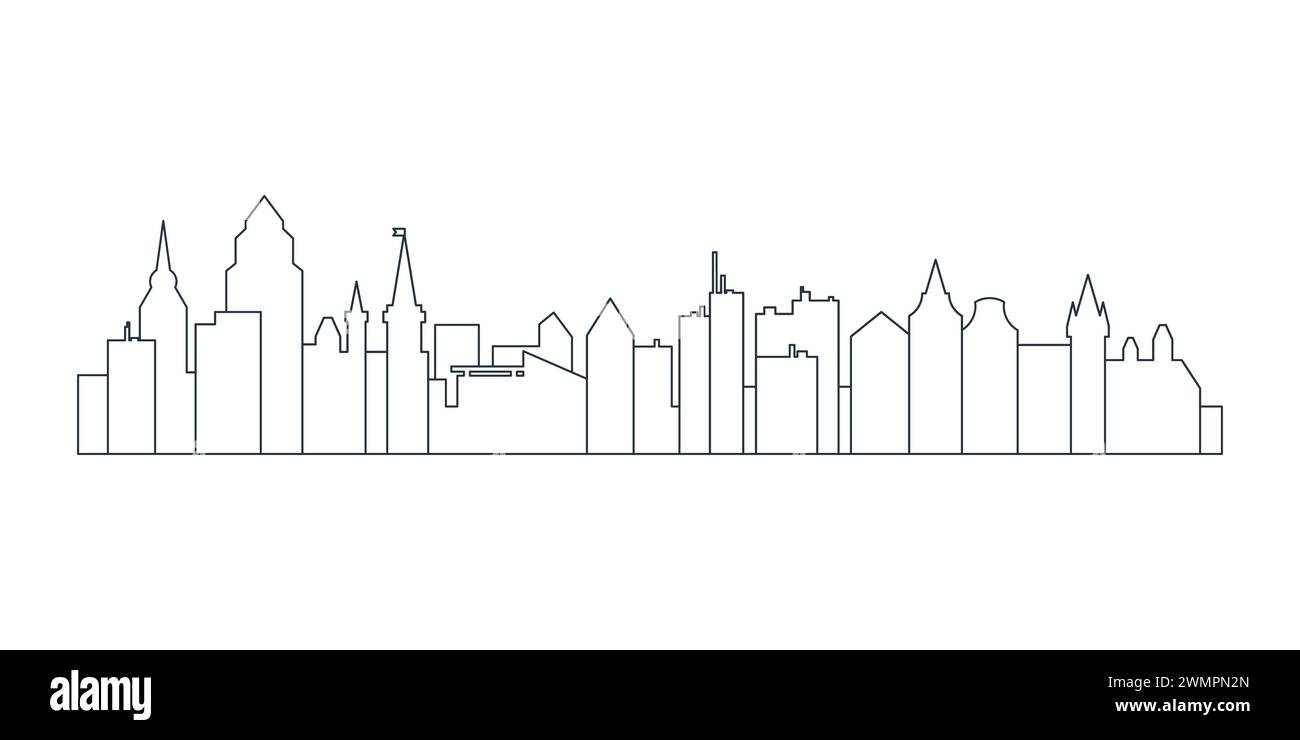City silhouettes, black line downtown skyline with buildings roofs of ...