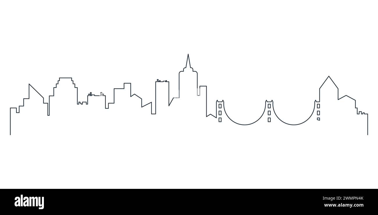 City skyline black line pattern with silhouettes of bridge and ...