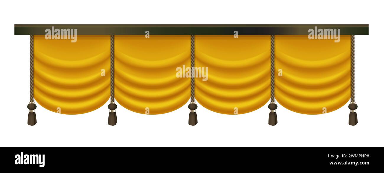 3D luxury gold curtains with round drapery and tassels on ropes vector ...