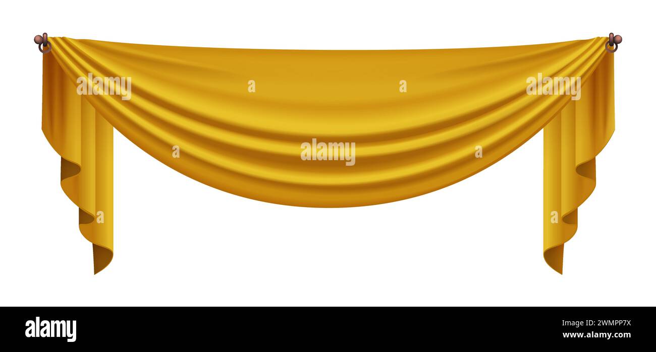 Golden curtains with folds of fabric and round drapery, 3D textile ...