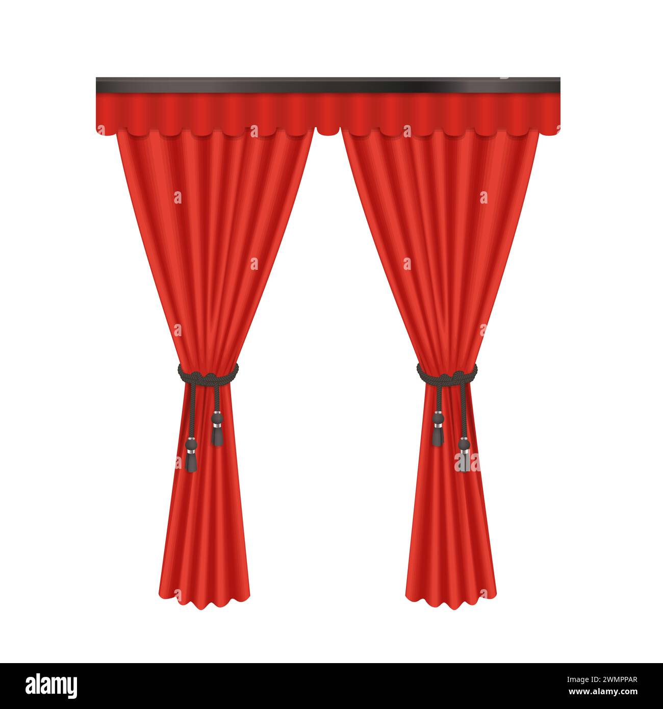 Red classic curtains for window, 3D fabric draped with black rope and ...
