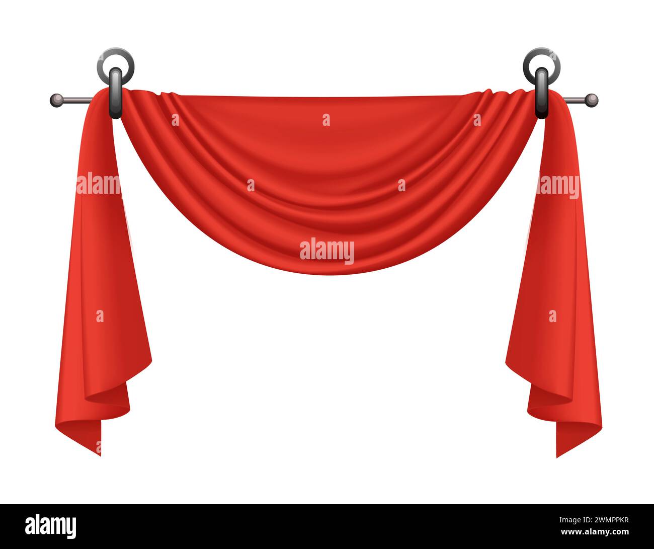 3D red curtains with drapery and decorative rings on pipe cornice ...