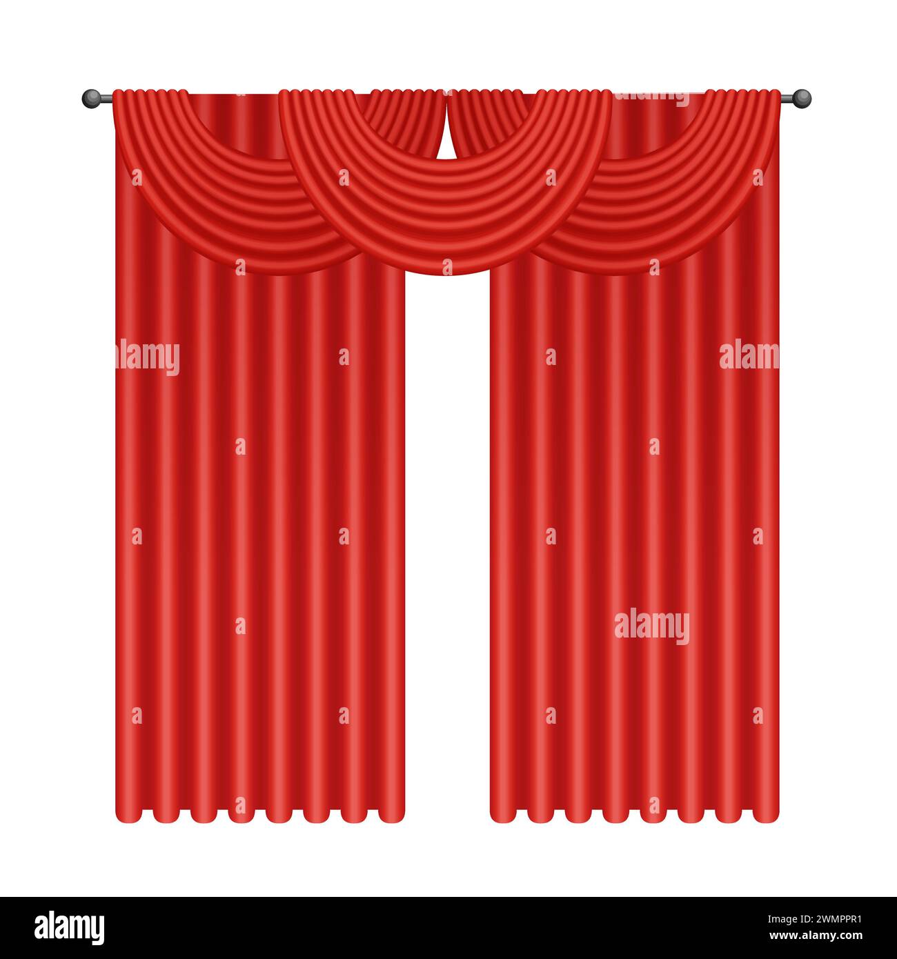Red 3D curtains with soft silk elegant drapes of fabric on cornice ...