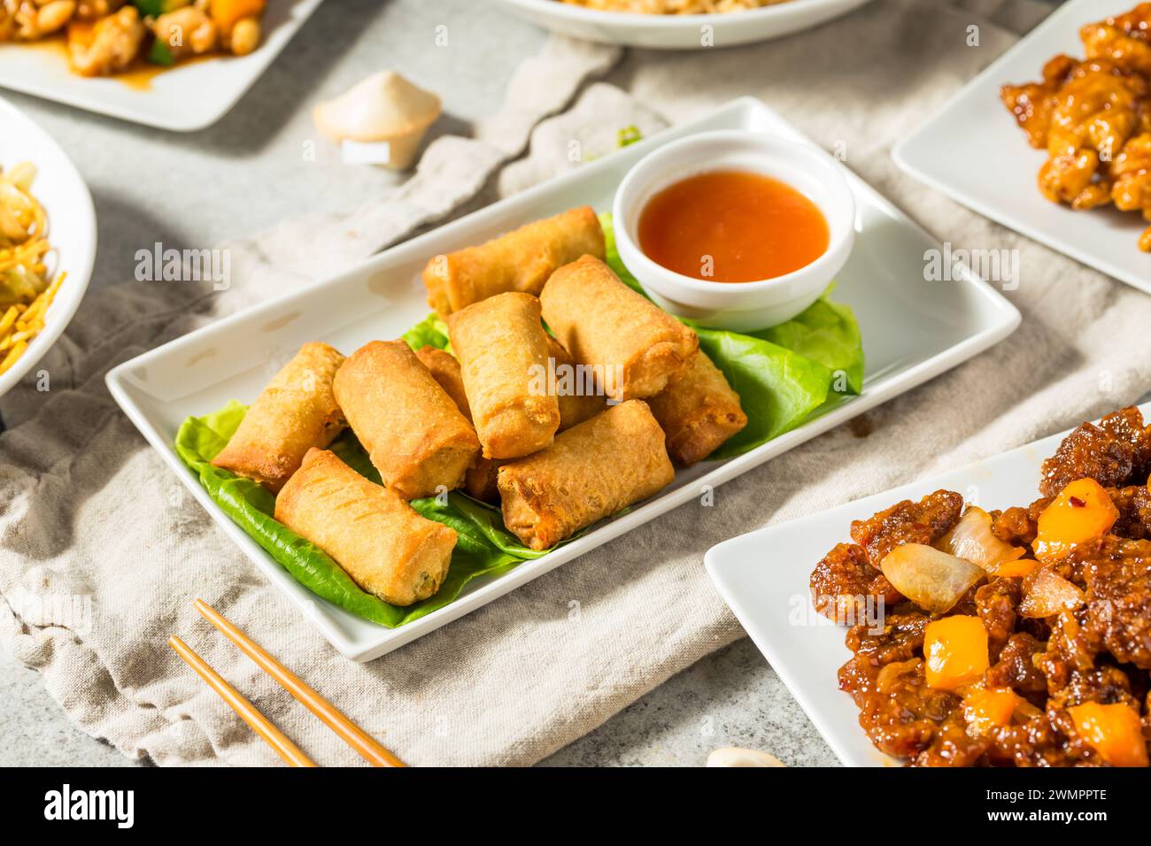 Chinese Deep Fried Vegetable Egg Rolls with Dipping Sauce Stock Photo ...