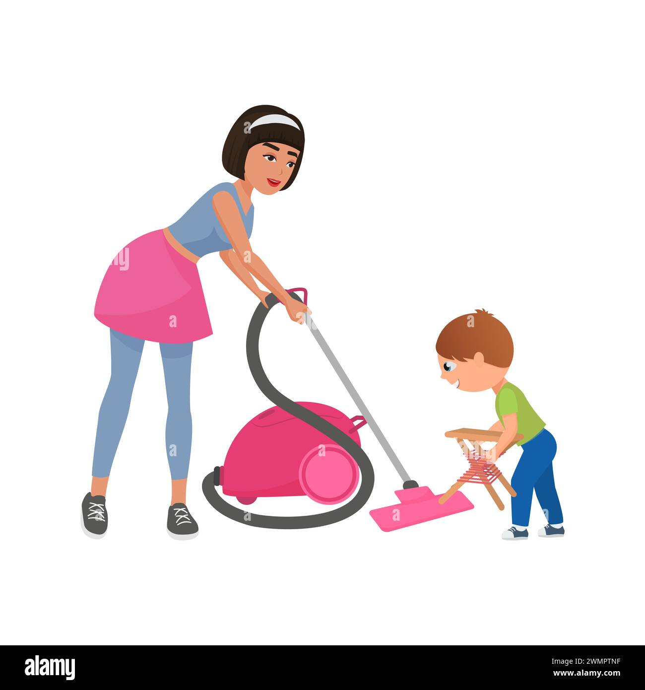 Mom and son cleaning room together, woman with vacuum cleaner vector ...