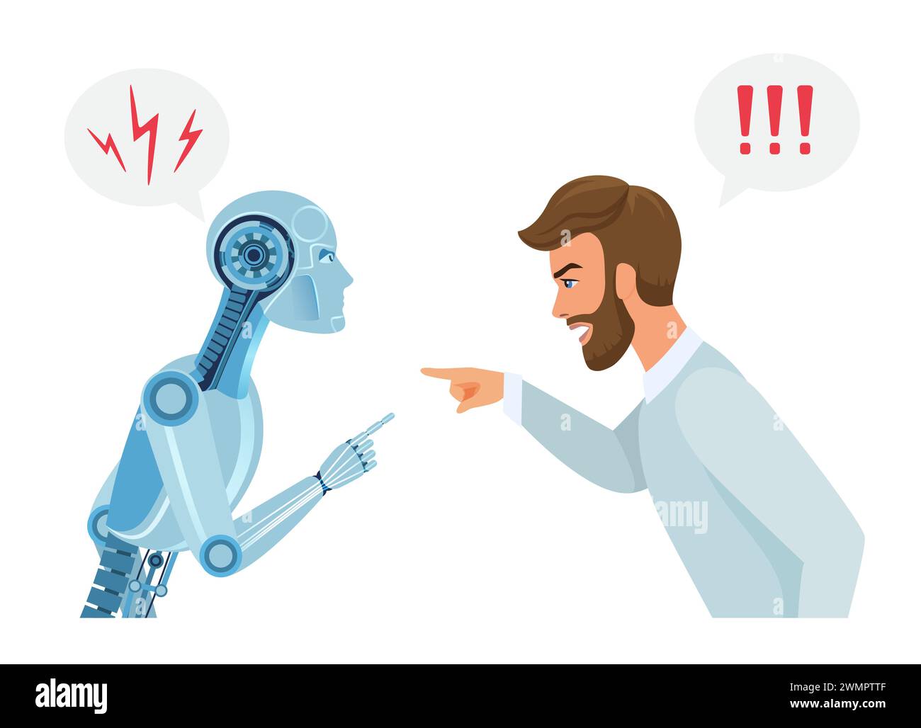 Quarrel and fight between man and robot, exclamation mark and lightning ...