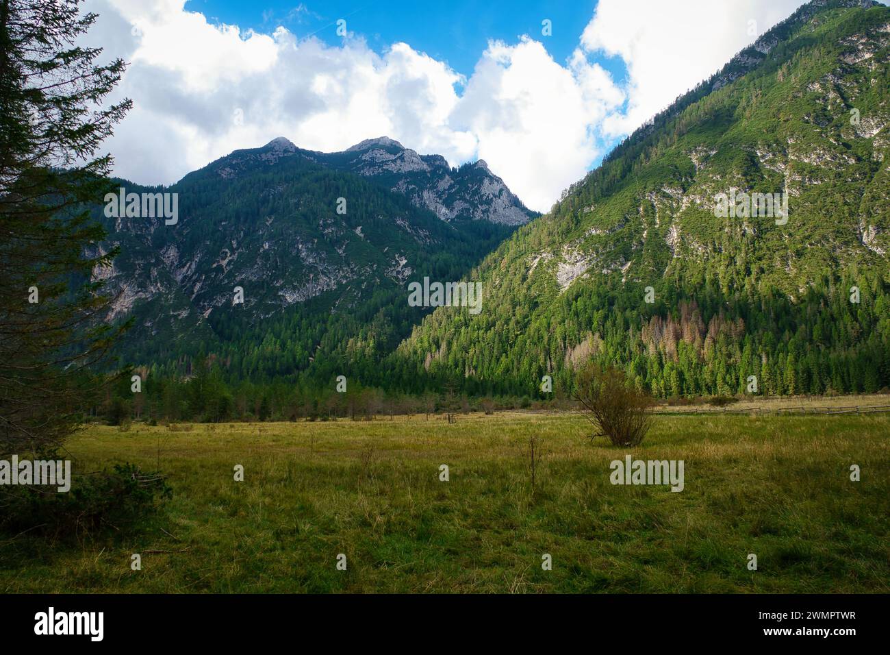Majestic mountains rise high above lush green fields, nestled near a ...