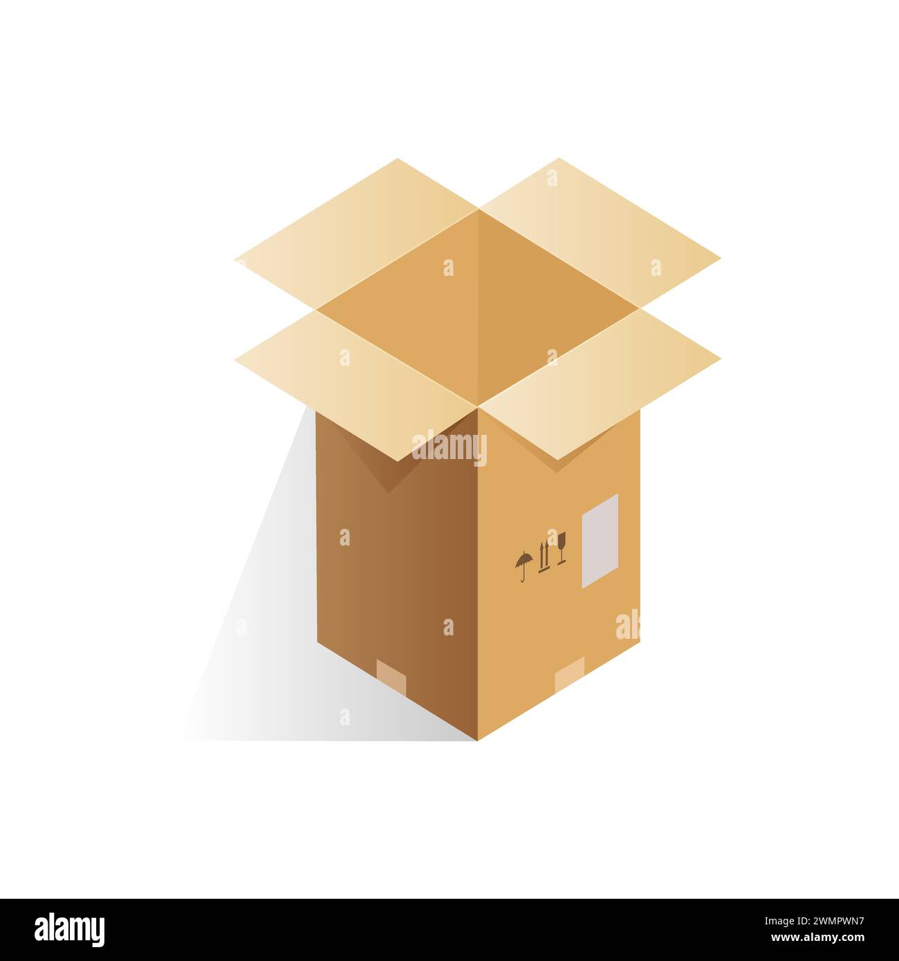 Isometric open empty cardboard box of rectangular shape with label ...