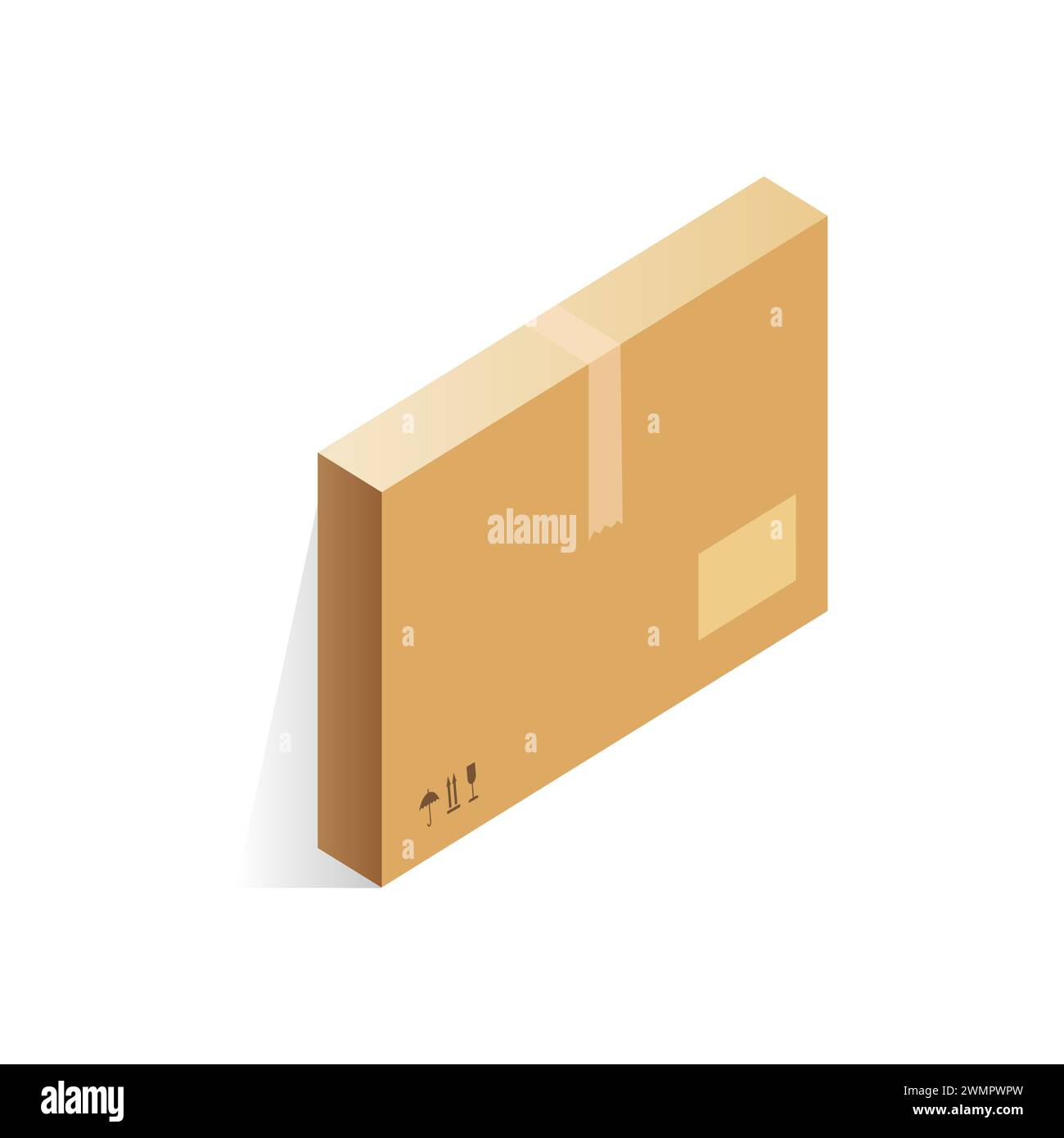 Isometric closed cardboard box, thin rectangular package with paper ...