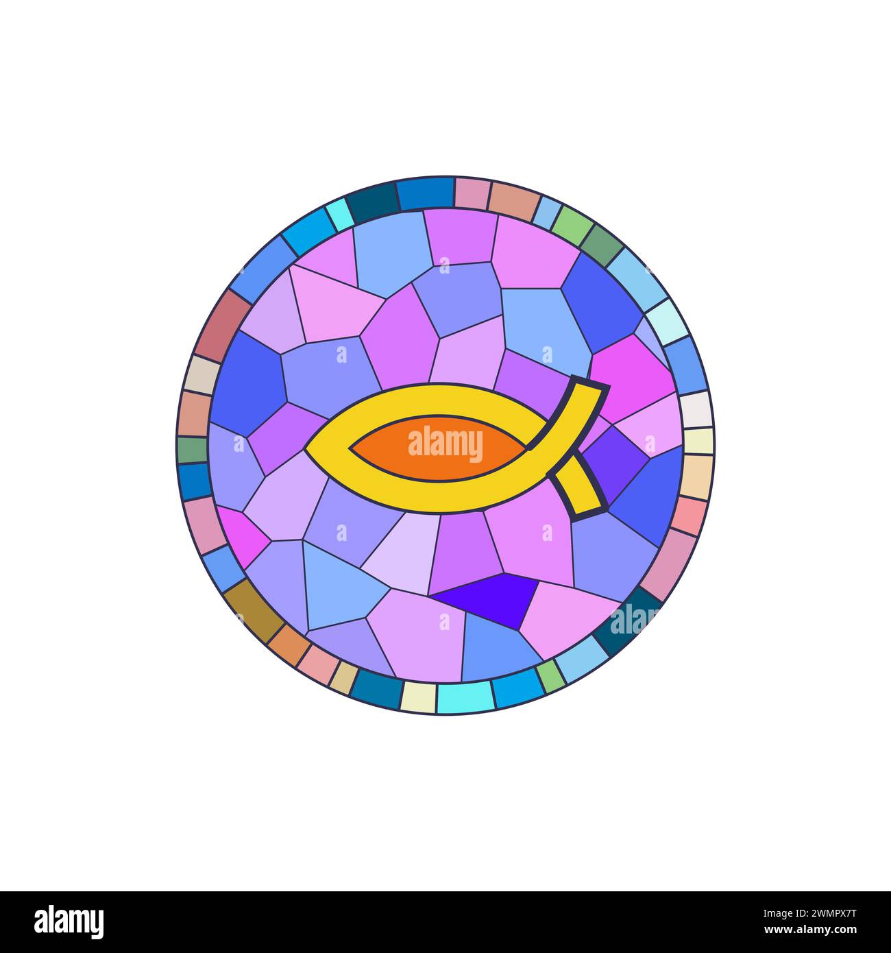 Stained glass round window with Jesus fish Christian religious symbol ...