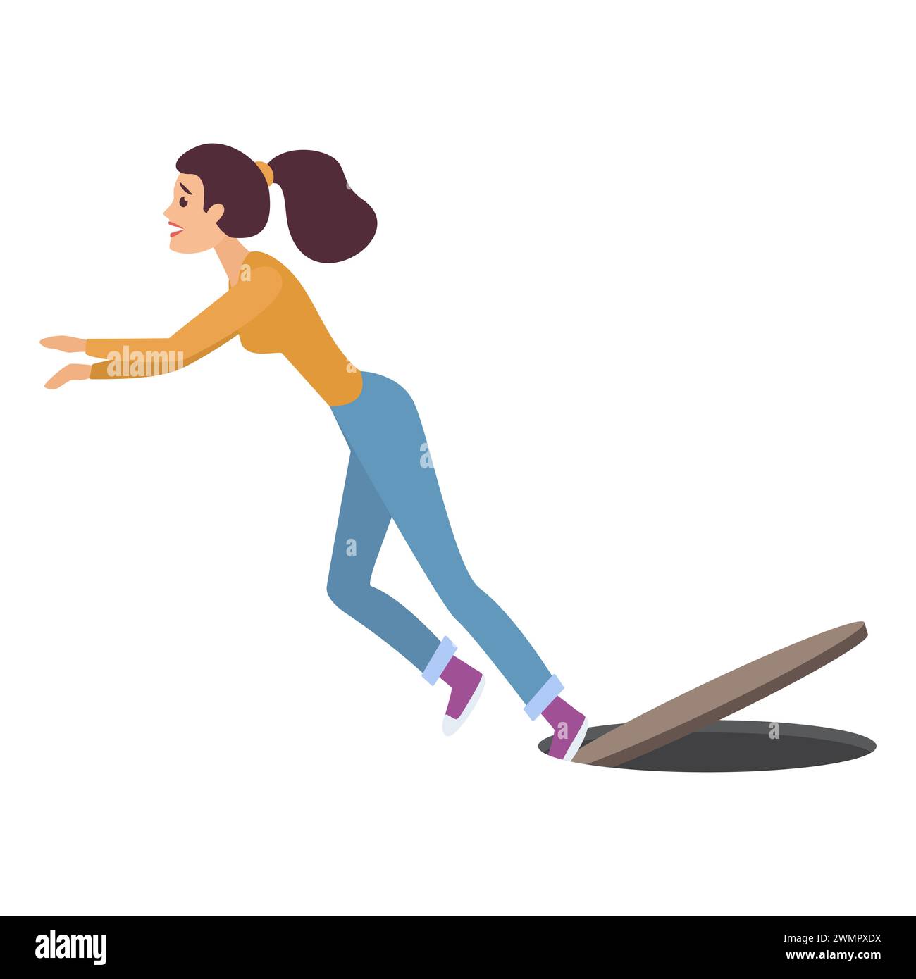 Careless woman walking, slipped girl falling into open sewer hatch ...