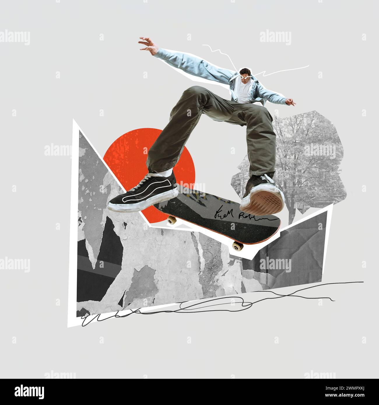 Young guy in streetwear, skateboarder performing trick against abstract ...