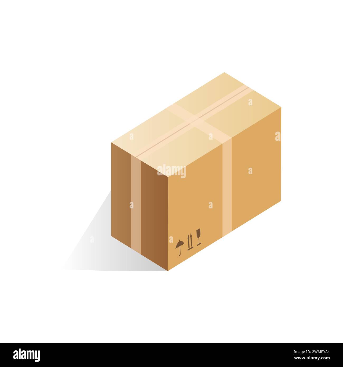 Isometric closed cardboard box of rectangular shape, duct taped parcel ...