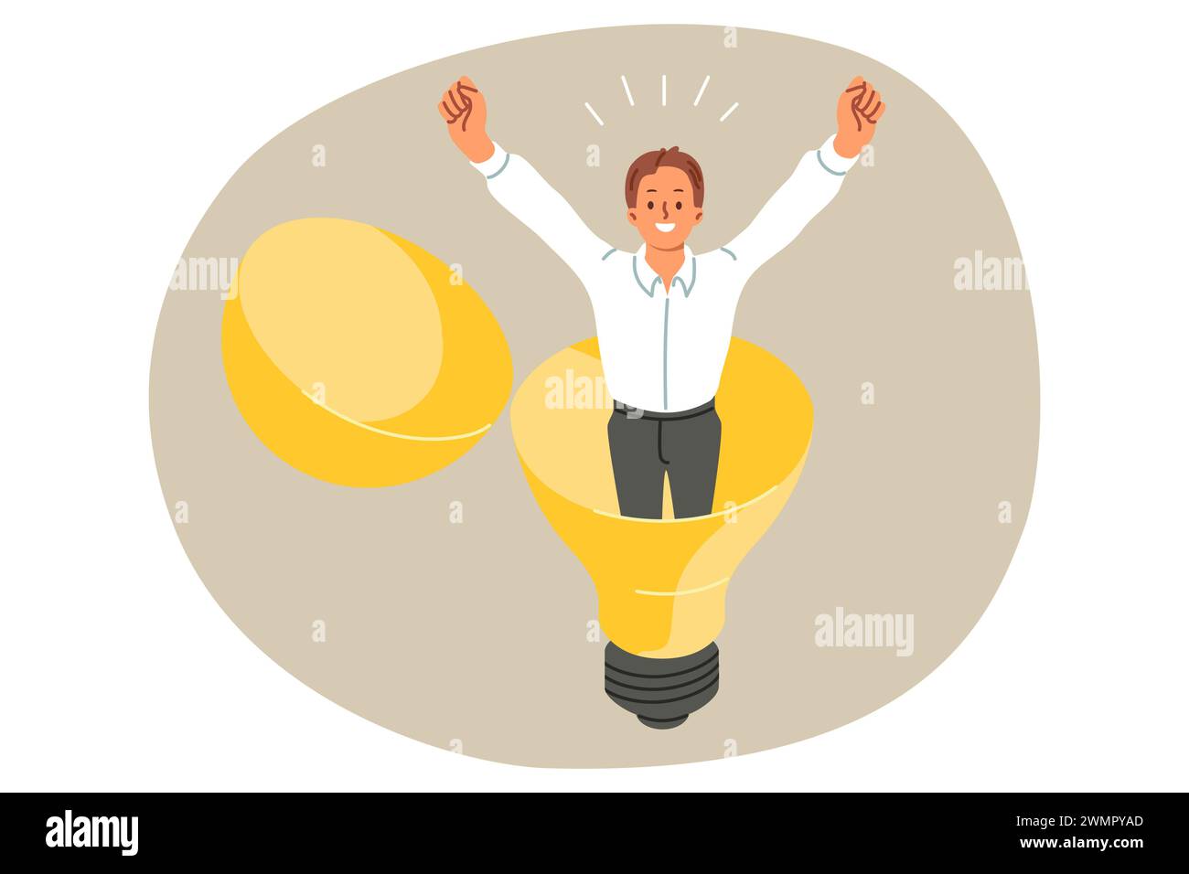 Happy businessman stands inside light bulb, raising hands up and ...