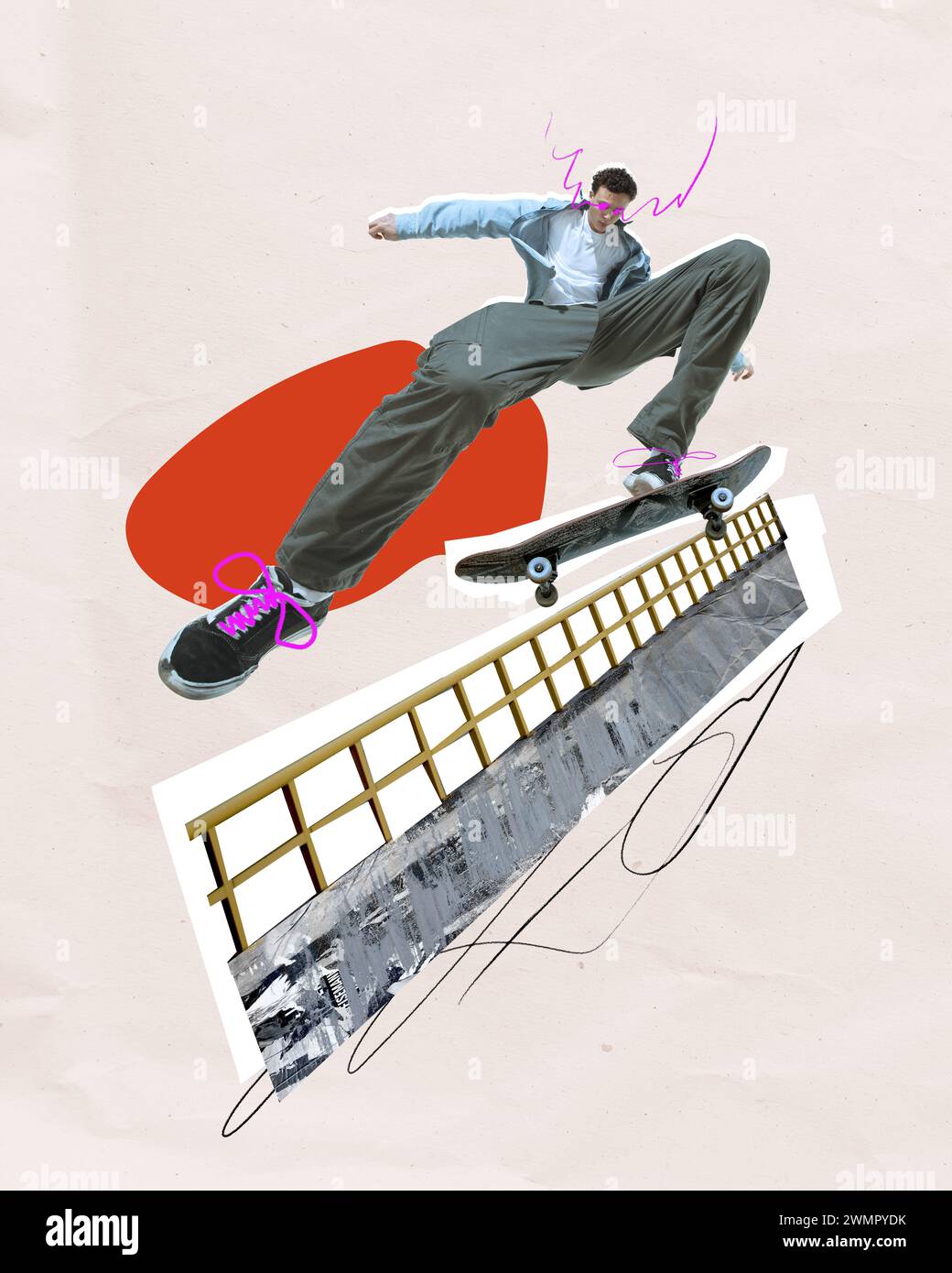 Dynamic image of young man, extreme lover doing stunts with skateboard ...