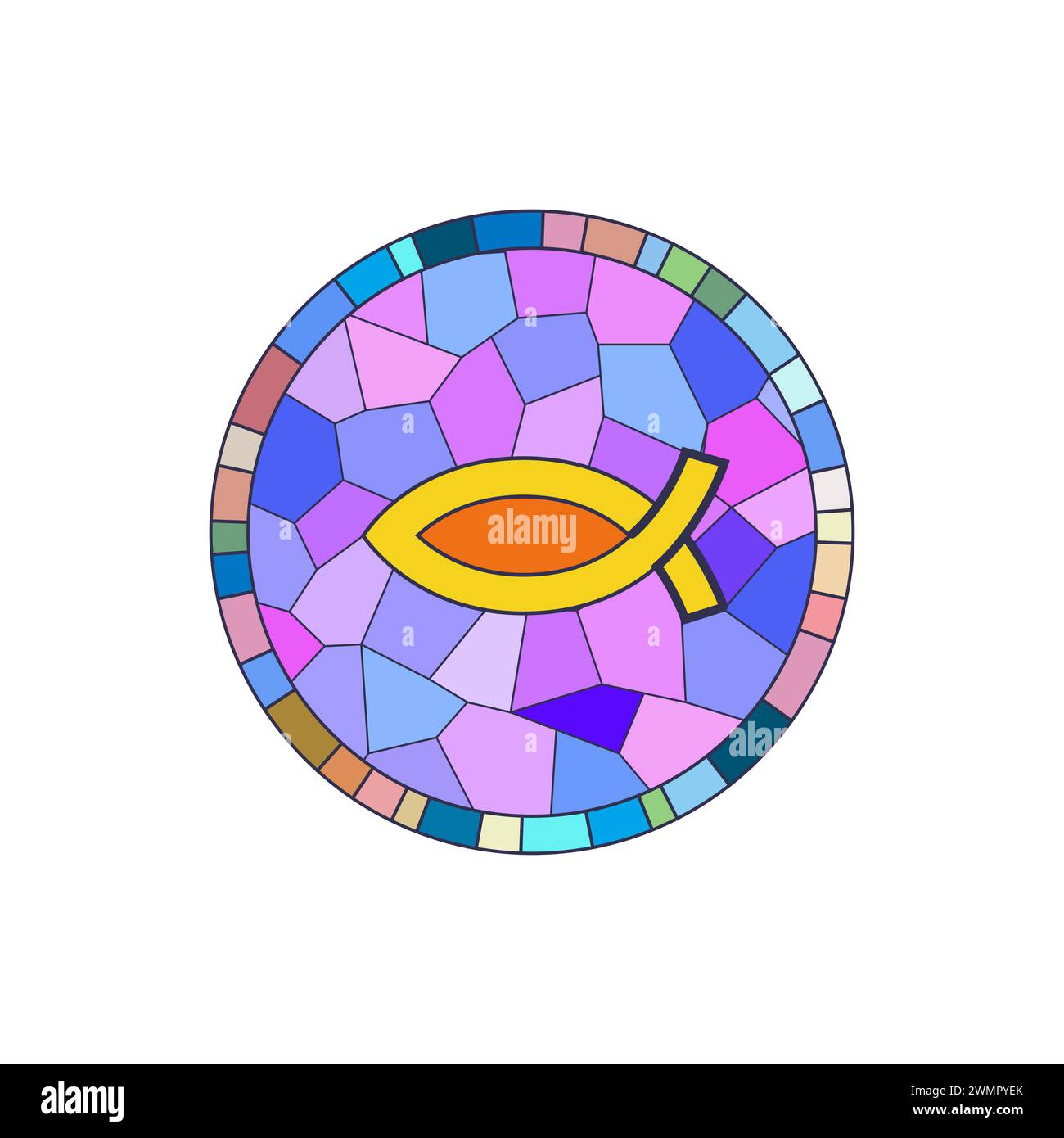 Stained glass round window with Jesus fish Christian religious symbol ...