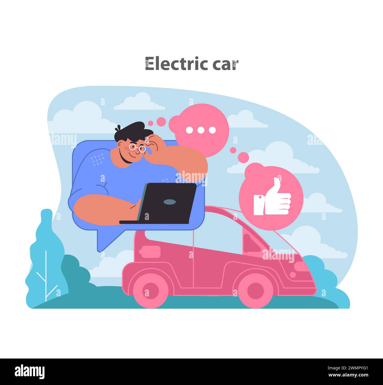 Embracing the electric revolution. A cheerful user interacts online ...