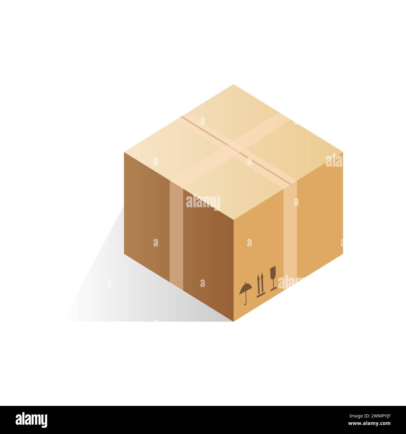 Isometric closed cardboard box, square carton package with fragile sign ...