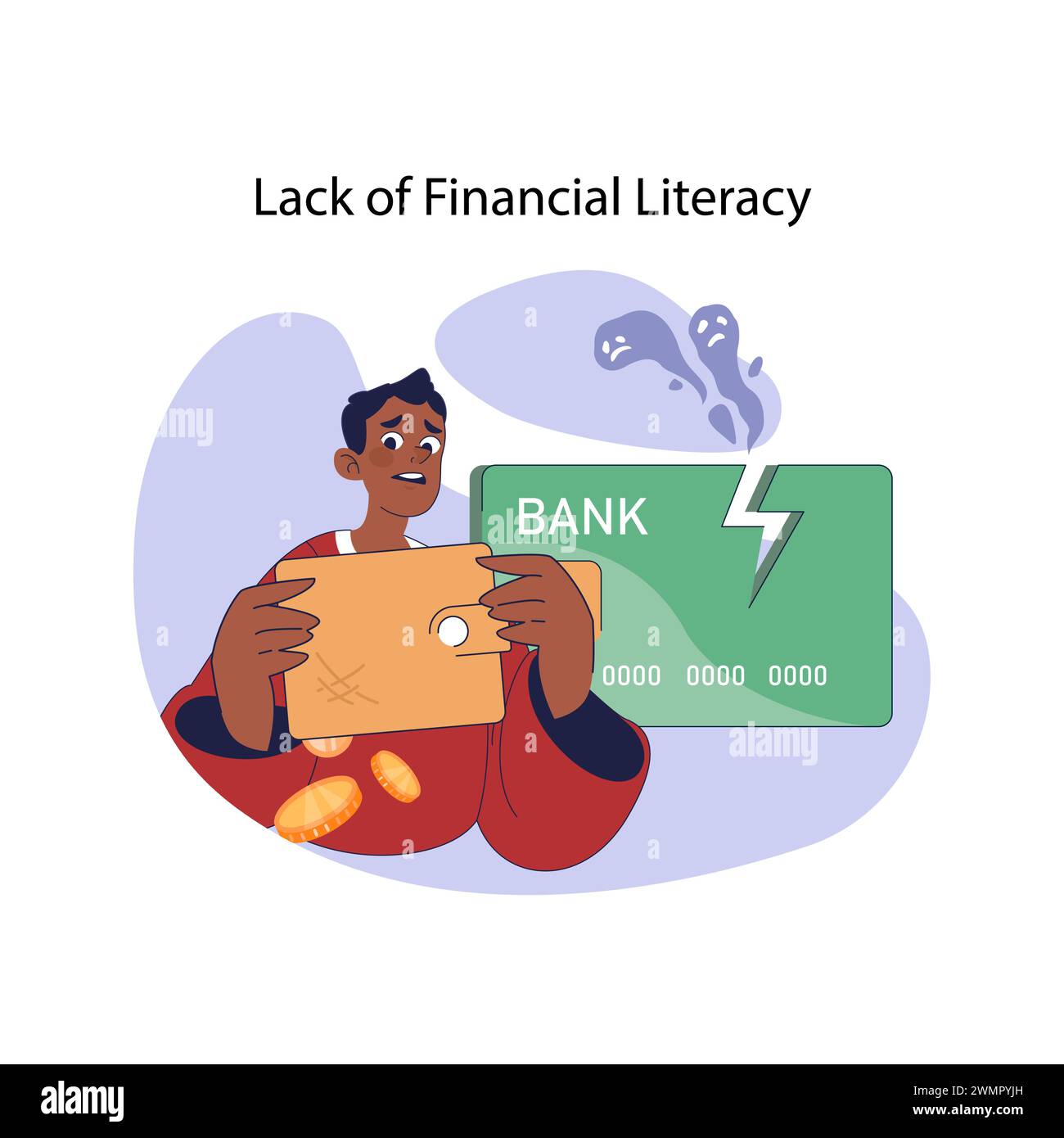 Lack of financial literacy concept. Young man perplexed by credit card ...
