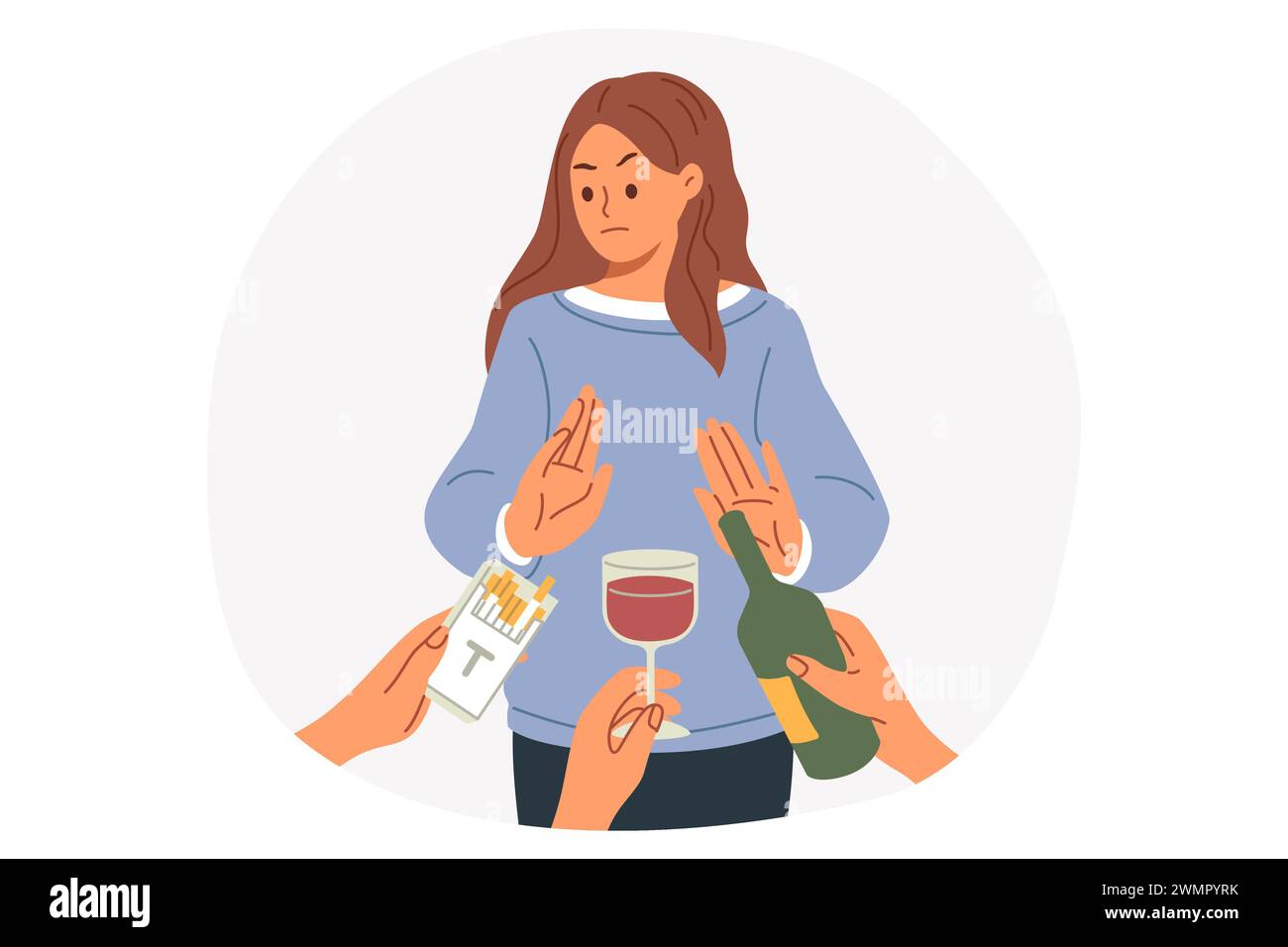 Woman gives up bad habits and makes stop gesture, rejecting offer to ...