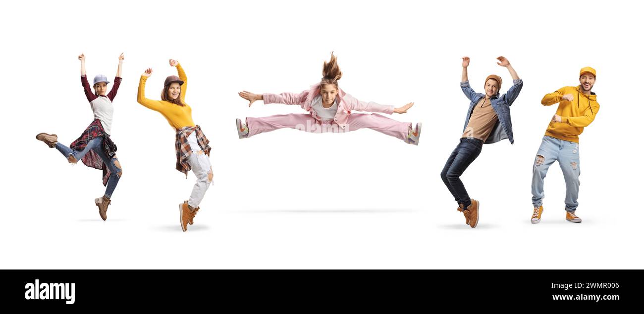 Girl leaping in the air and making a split and people dancing around ...