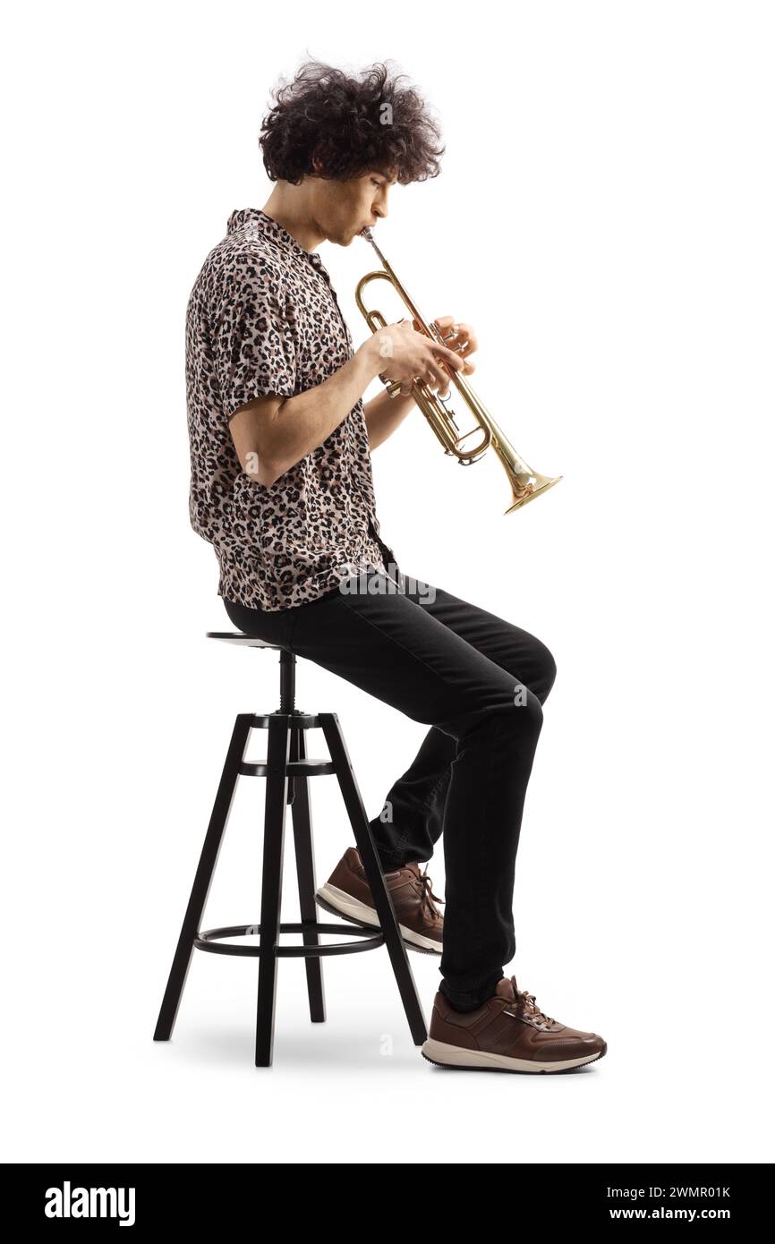 Full length profile shot of a young male artist sitting on a chair and ...
