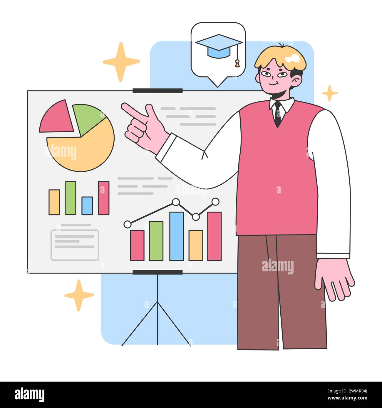 Confident educator explaining data charts on a presentation board. Man ...