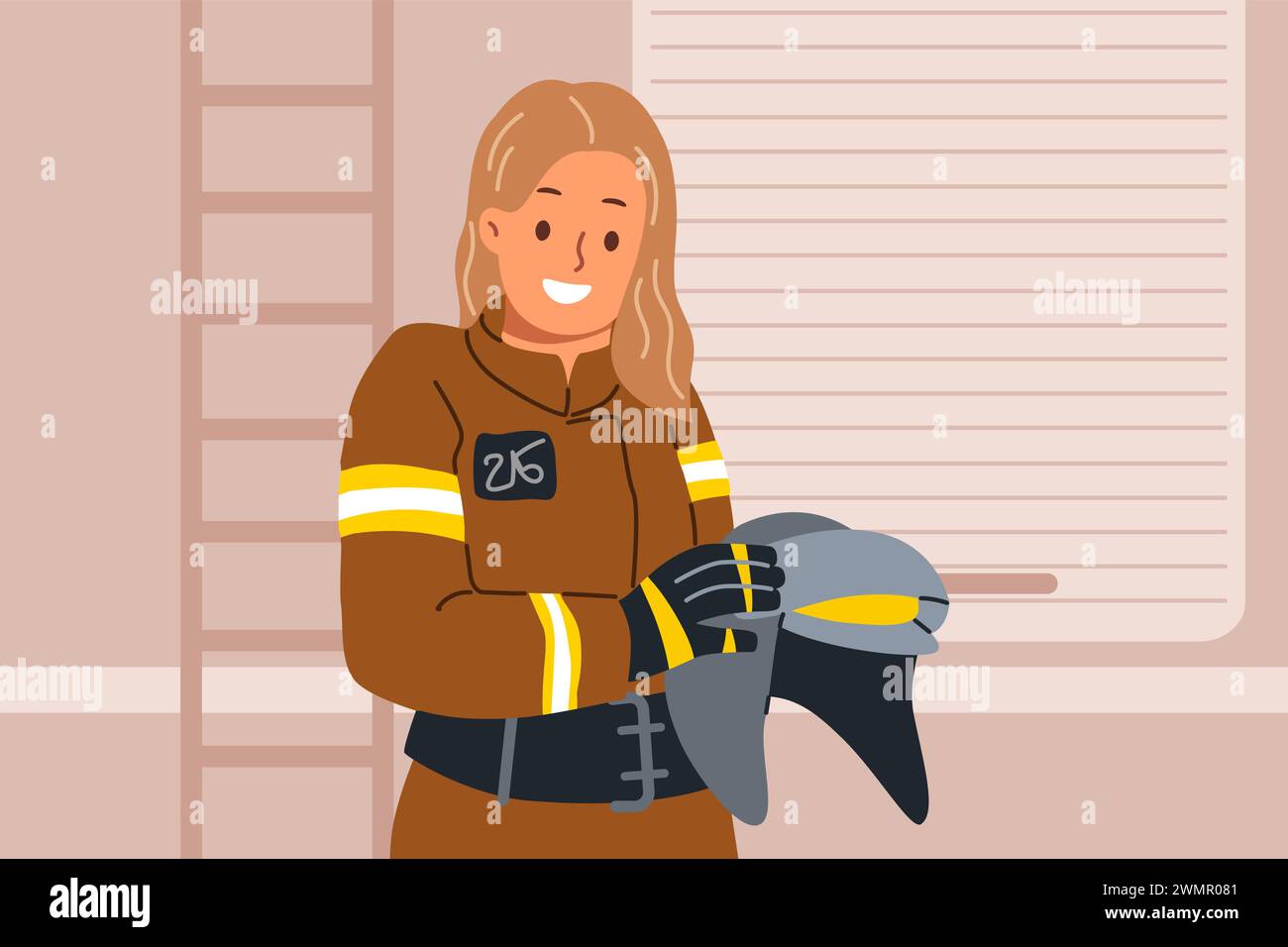 Woman firefighter holds helmet in hands, standing near rescue van for ...