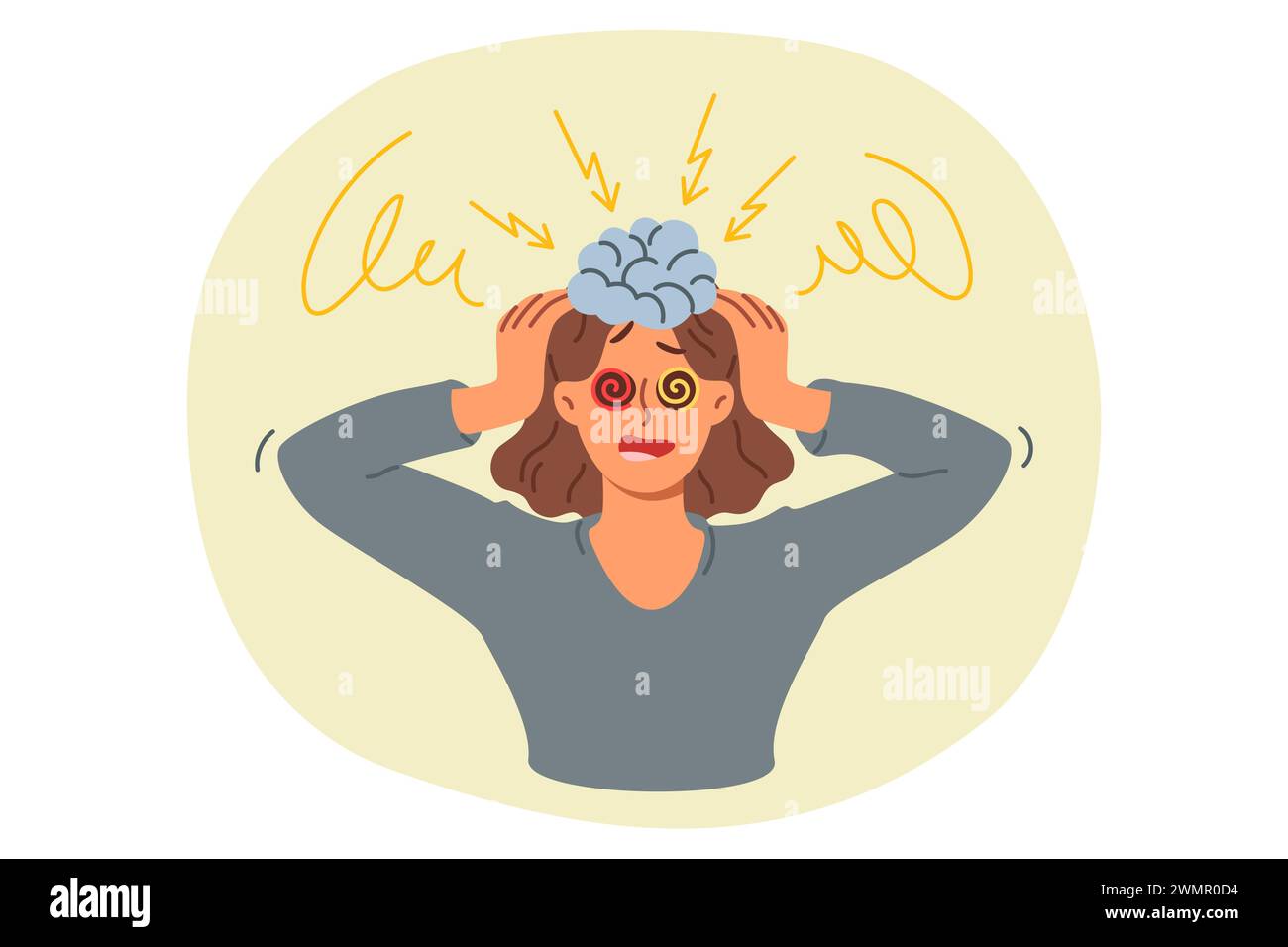 Brain explosion of shocked woman clutching head due to problems with ...