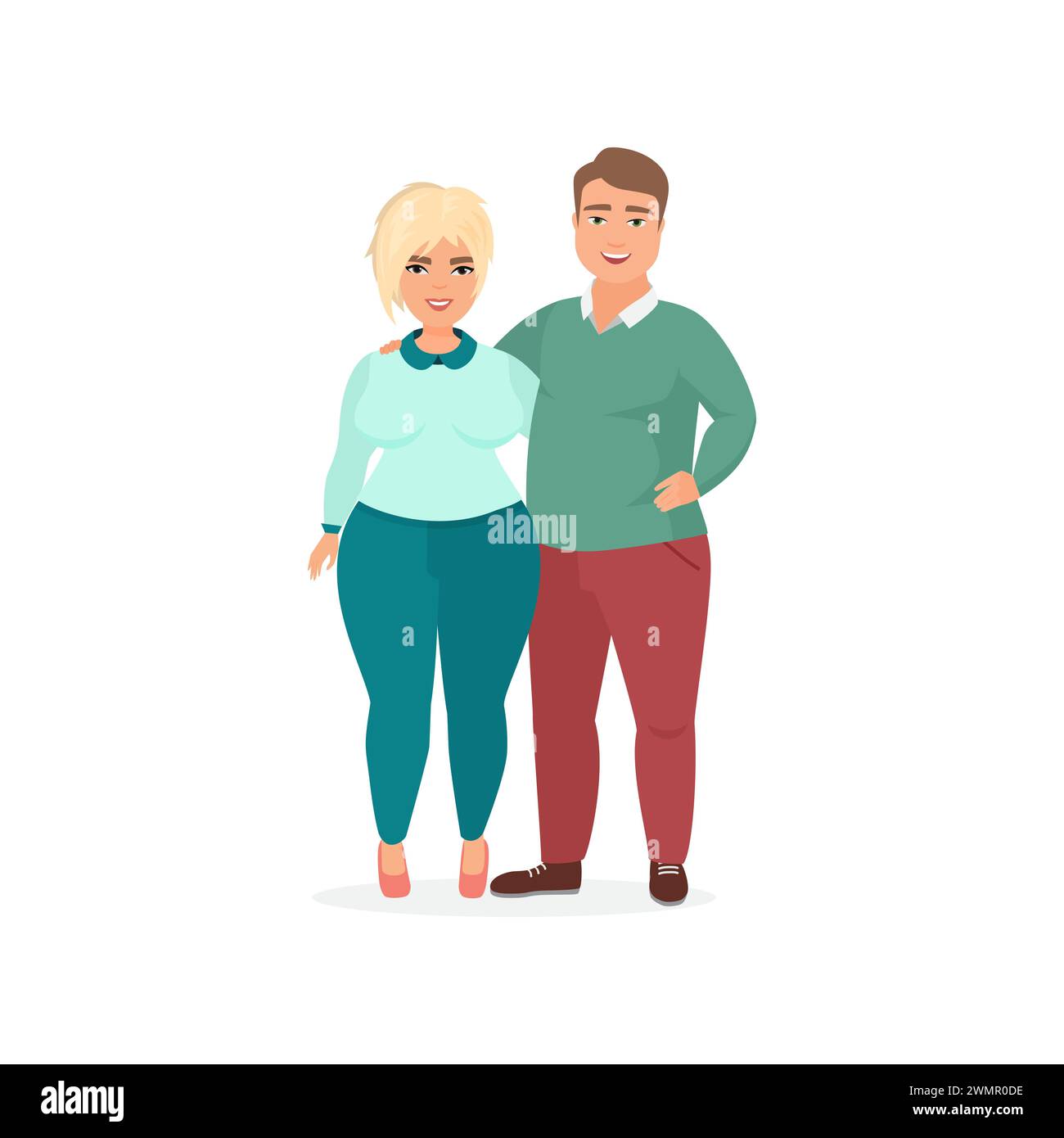 Young happy plus size couple of man and woman standing together vector ...