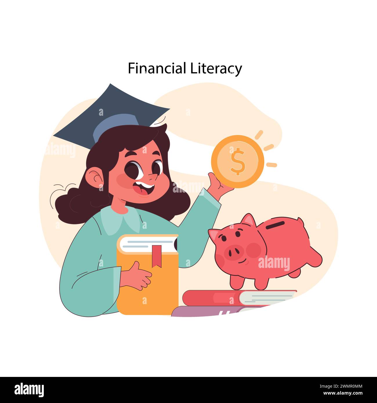 Child Financial Literacy concept. A joyful girl saving money in her ...