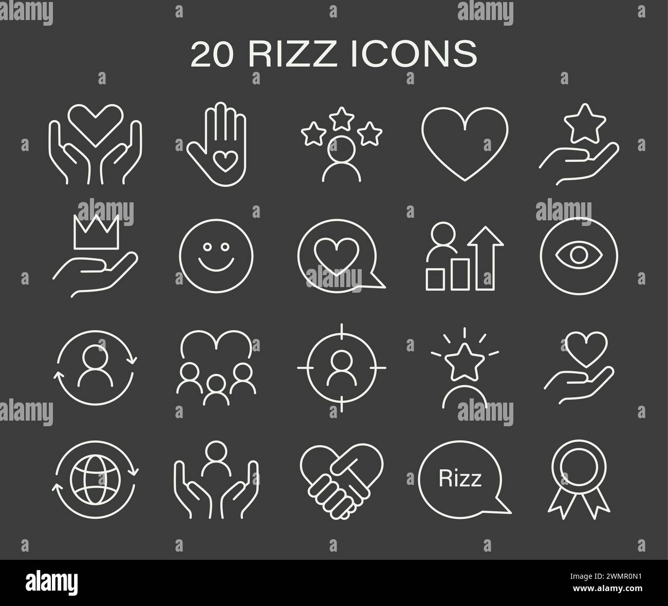 Rizz icon set. Minimalist line icons representing various aspects of ...