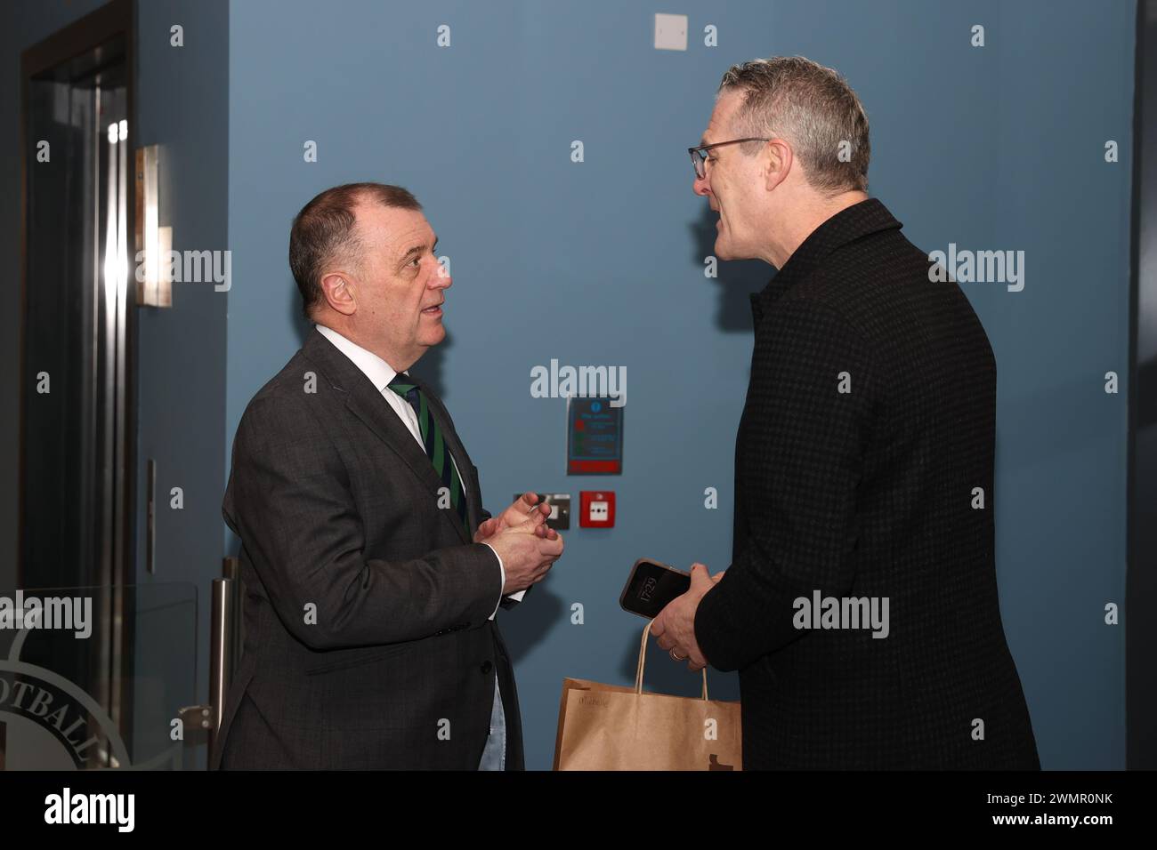 IFA Chief Executive Patrick Nelson greets GAA President Jarlath Burns ...