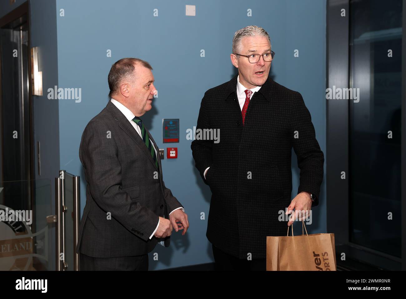 IFA Chief Executive Patrick Nelson greets GAA President Jarlath Burns ...