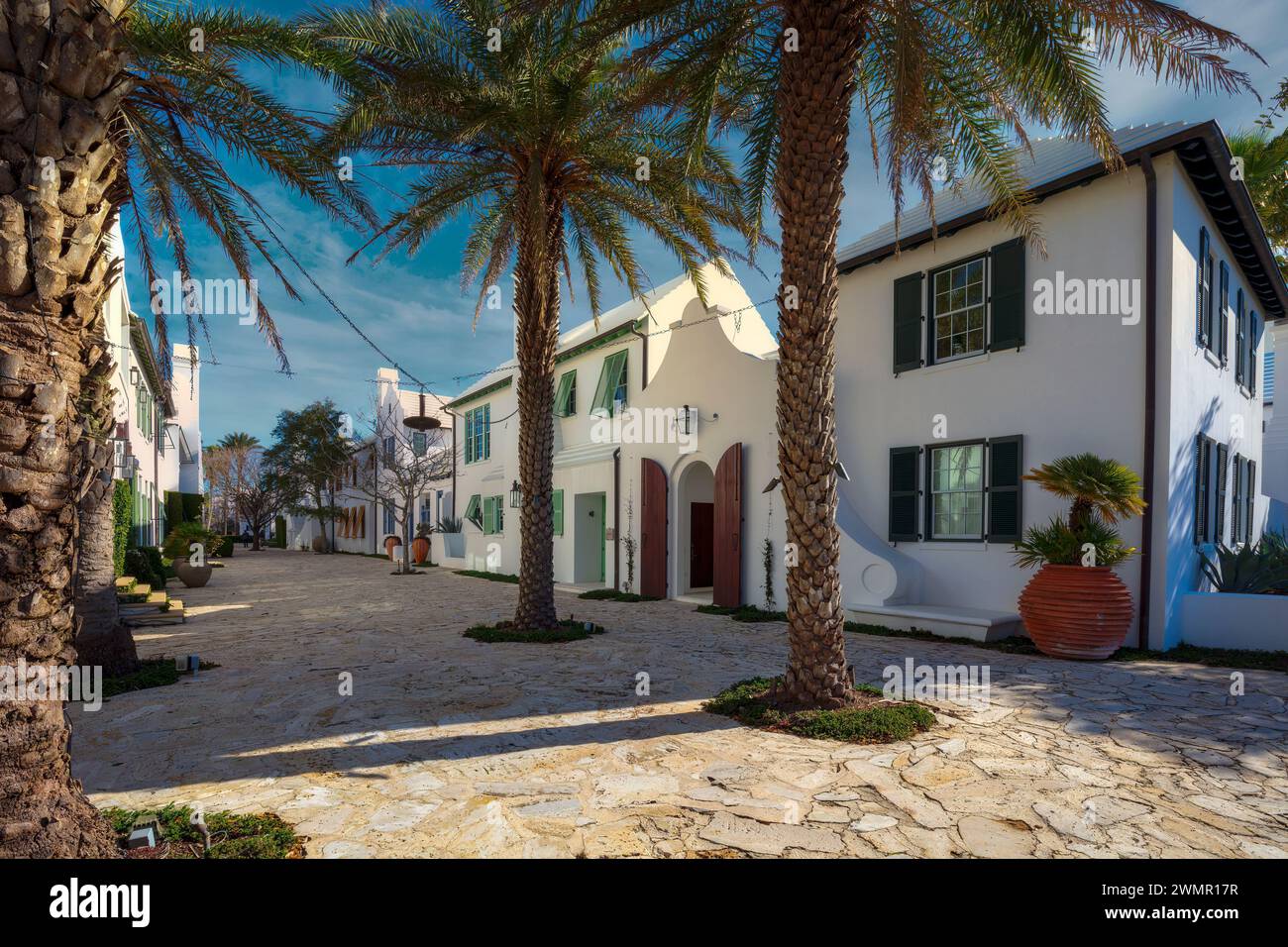 Picturesque street scene in Alys Beach on the Emerald Coast in Florida ...