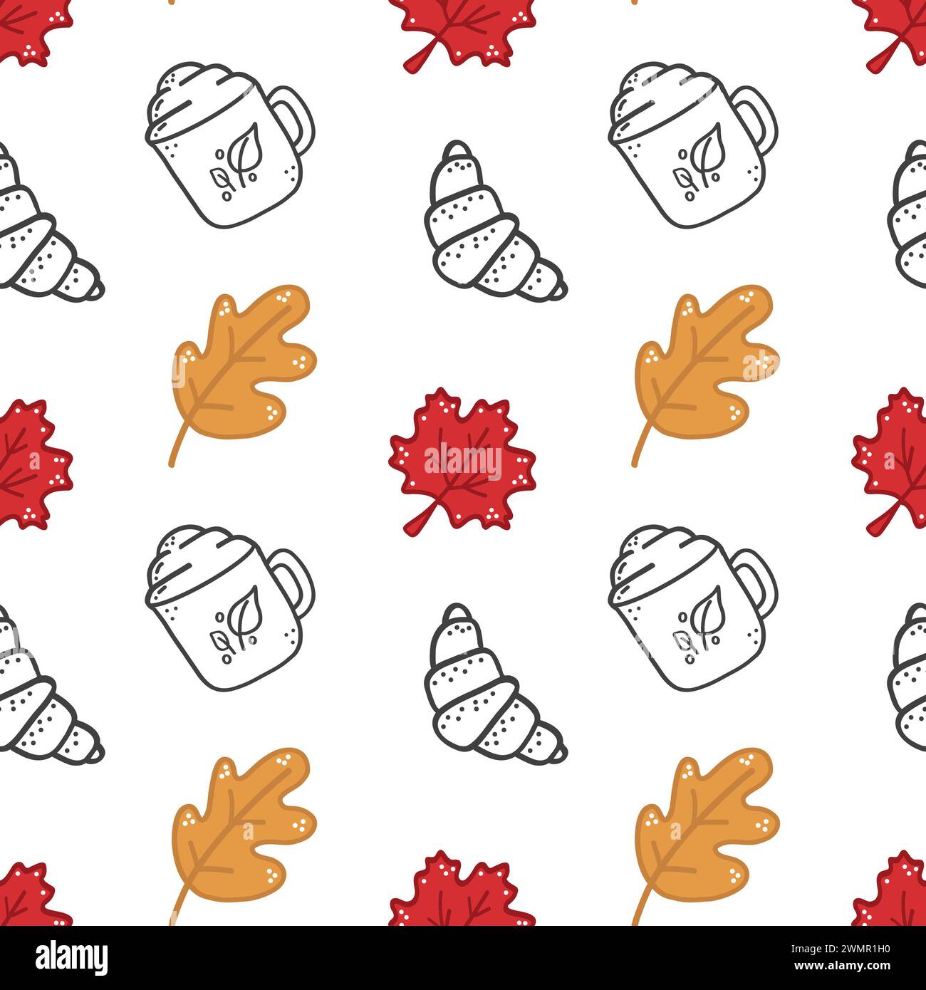 Vector Cute seamless pattern with autumn leaves oak, maple, orange, and ...