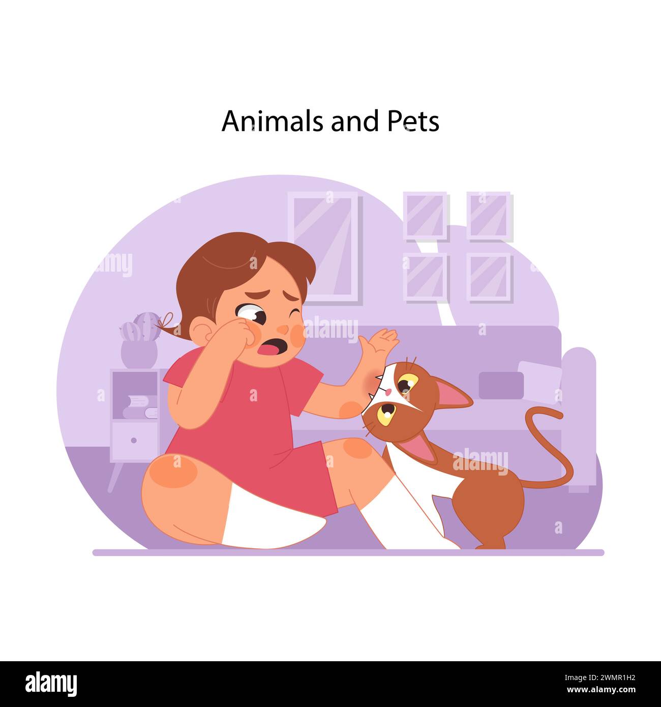 Pet safety caution. Child crying after upsetting interaction with small ...