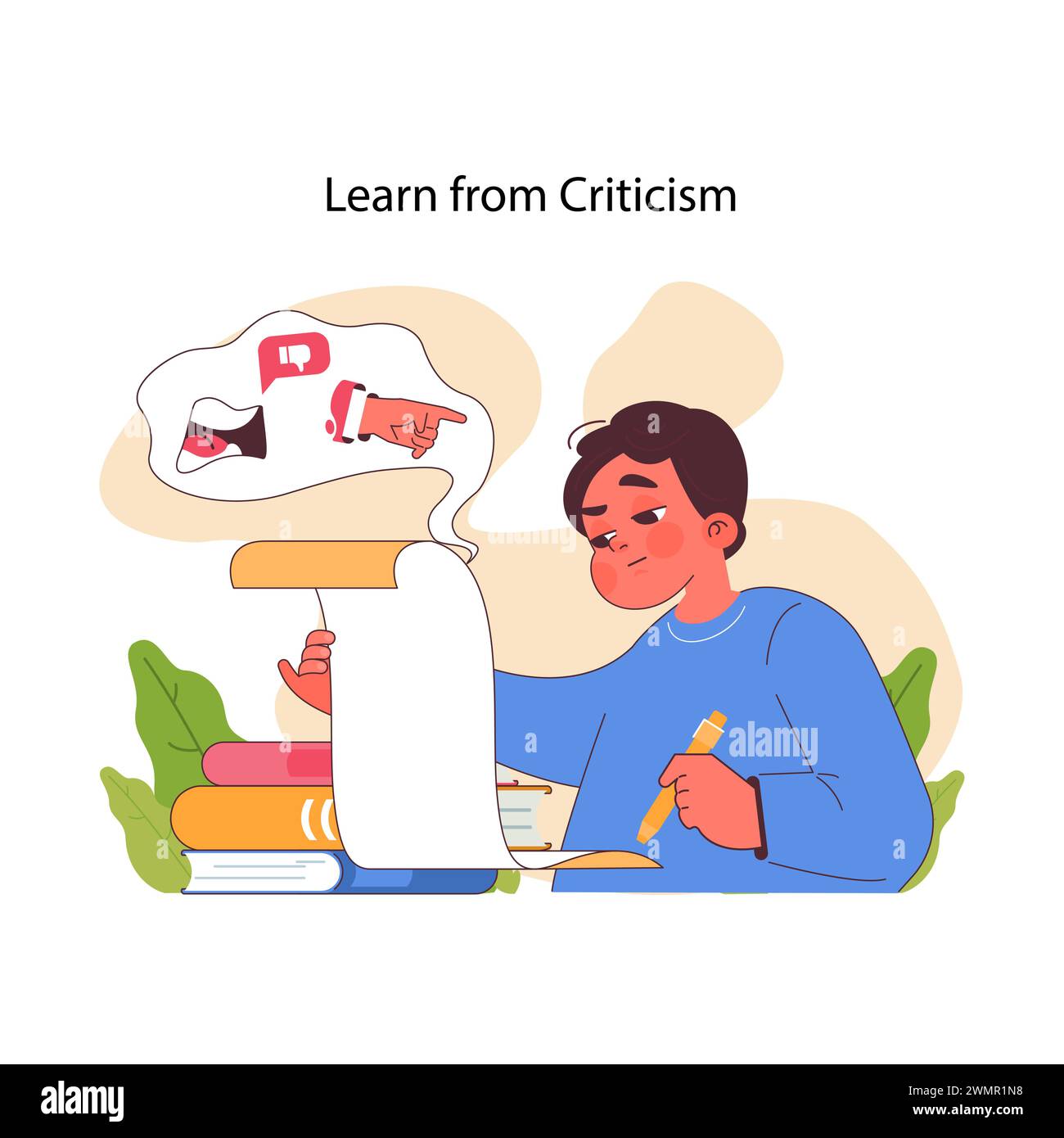 Learning from criticism concept. Boy reading and analyzing negative ...
