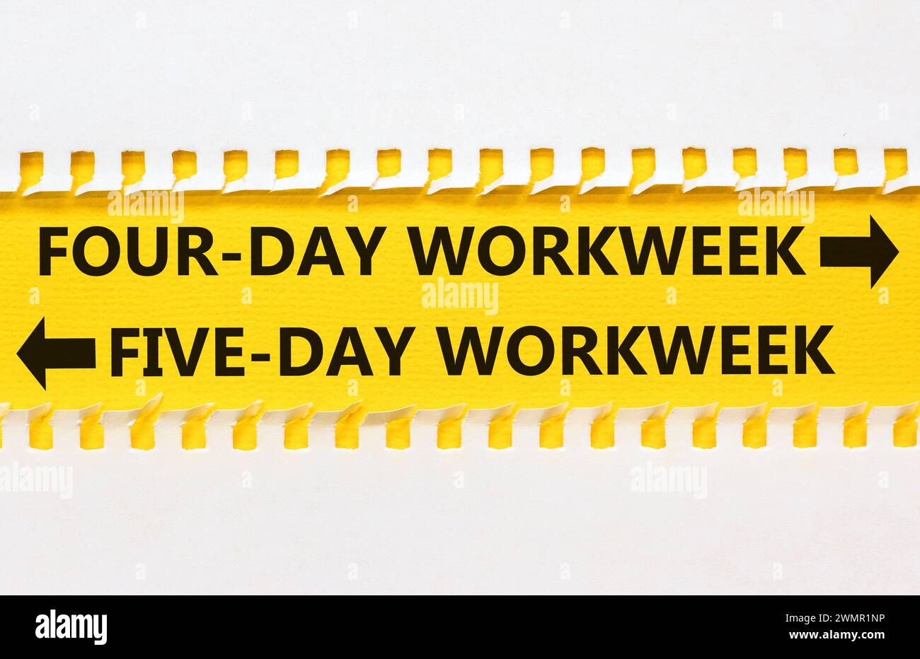 5 or 4 day week symbol. Concept word Five-day workweek or Four-day workweek on beautiful yellow ...