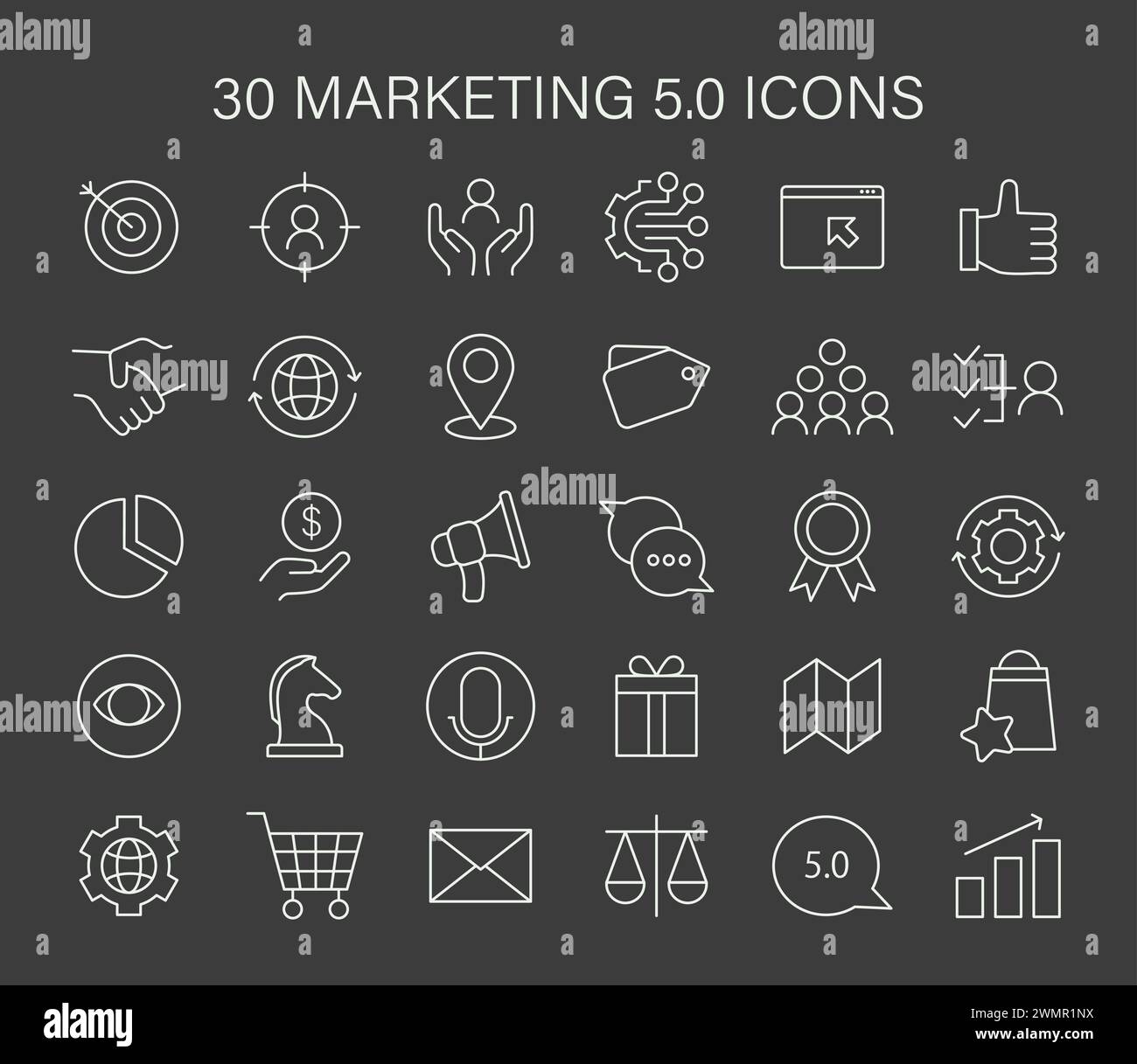 Marketing 5.0 icon set. Essential visual elements representing advanced ...