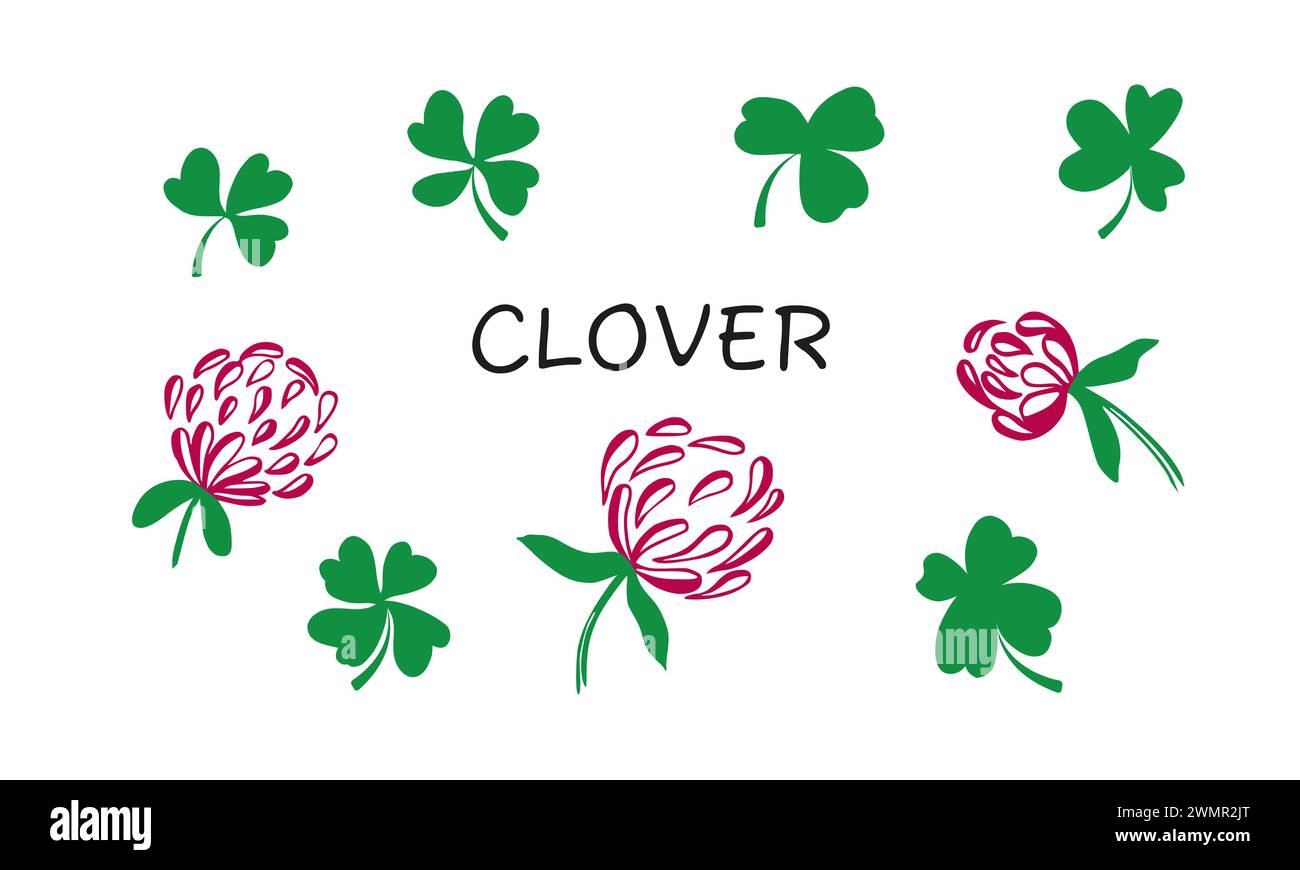 Set of clover leaves and flower. Flat style. Isolated on white ...