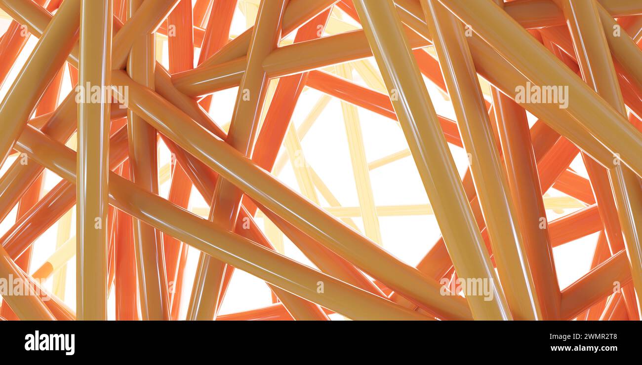 Intricate network of orange metallic beams against a pale background 3d ...