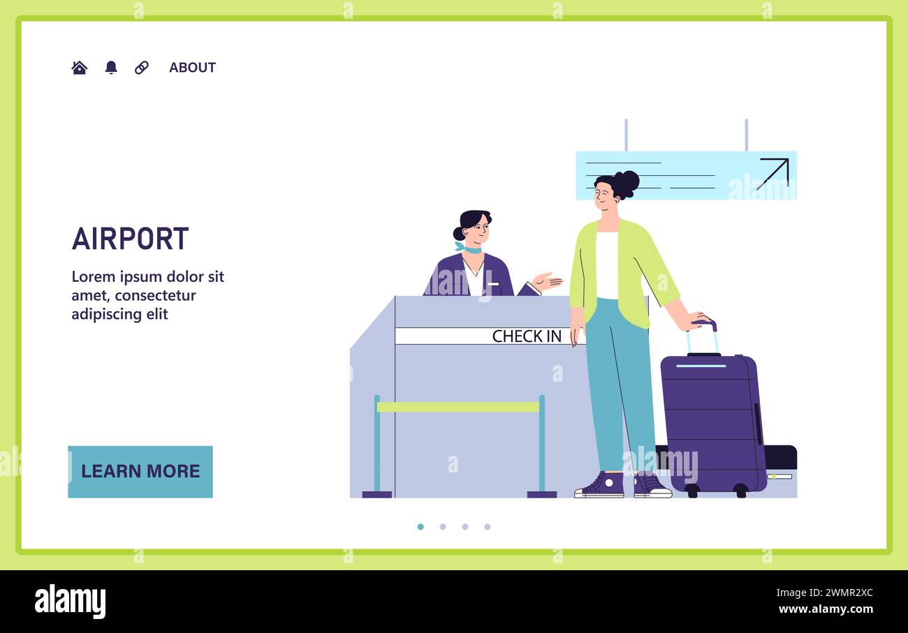 People in the airport web or landing. Female character with a suitcase ...