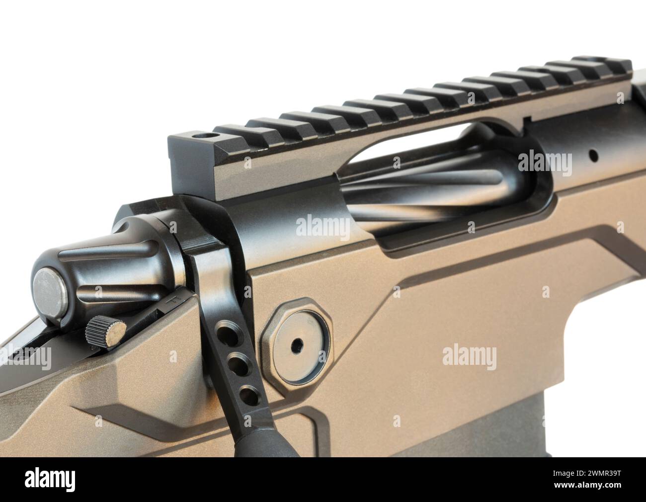 Bolt action rifle that is metallic copper colored with a rail on its ...