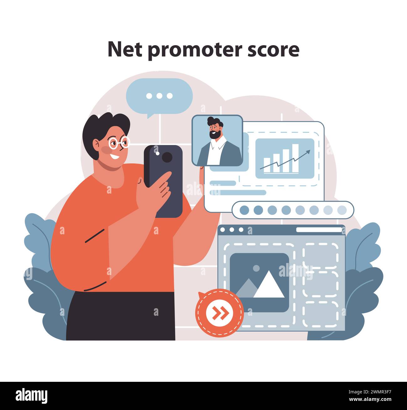 Net promoter score concept. Illustration captures measuring customer loyalty and satisfaction ...