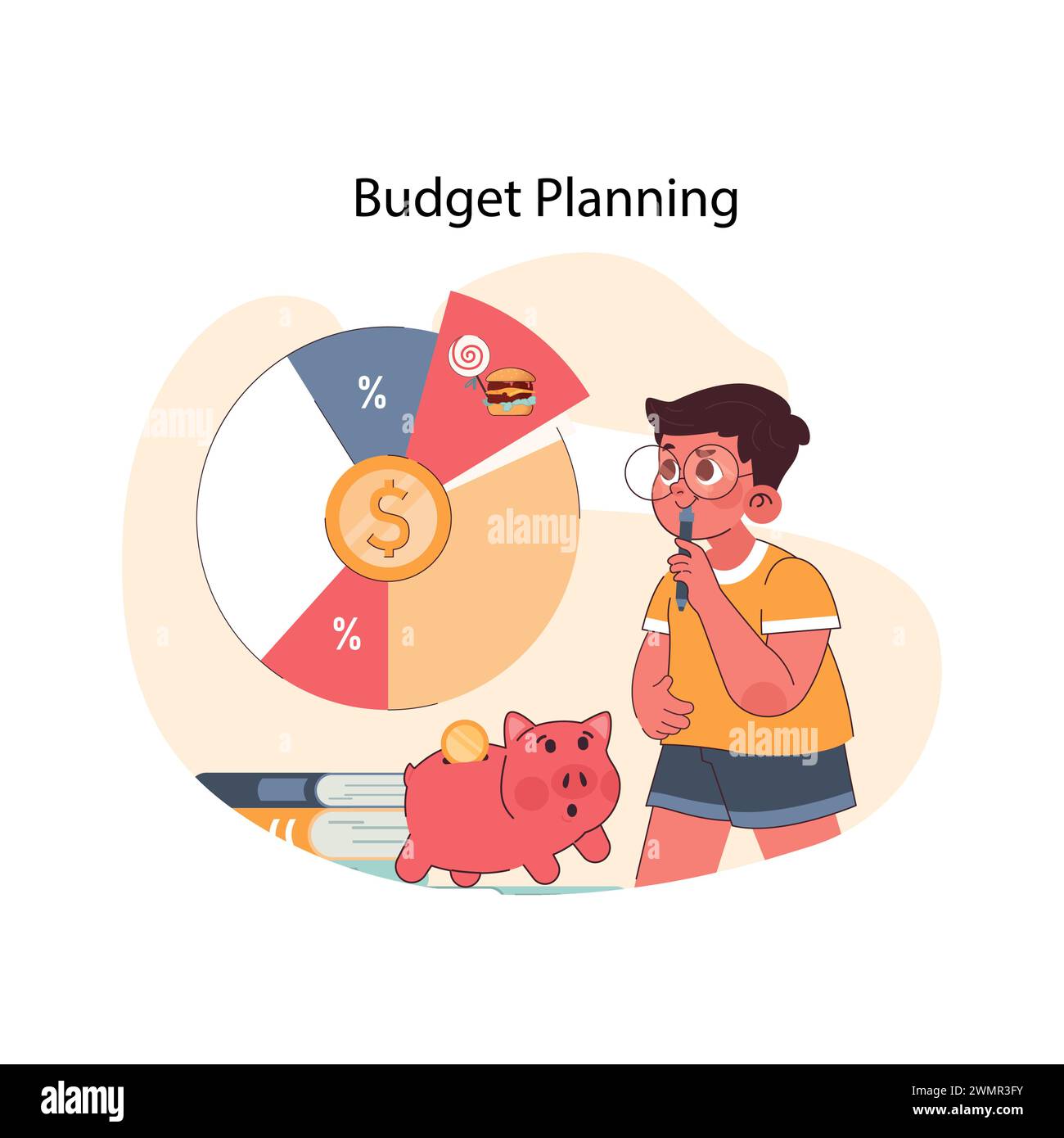 Budget Planning concept. Curious child with magnifying glass analyzing ...