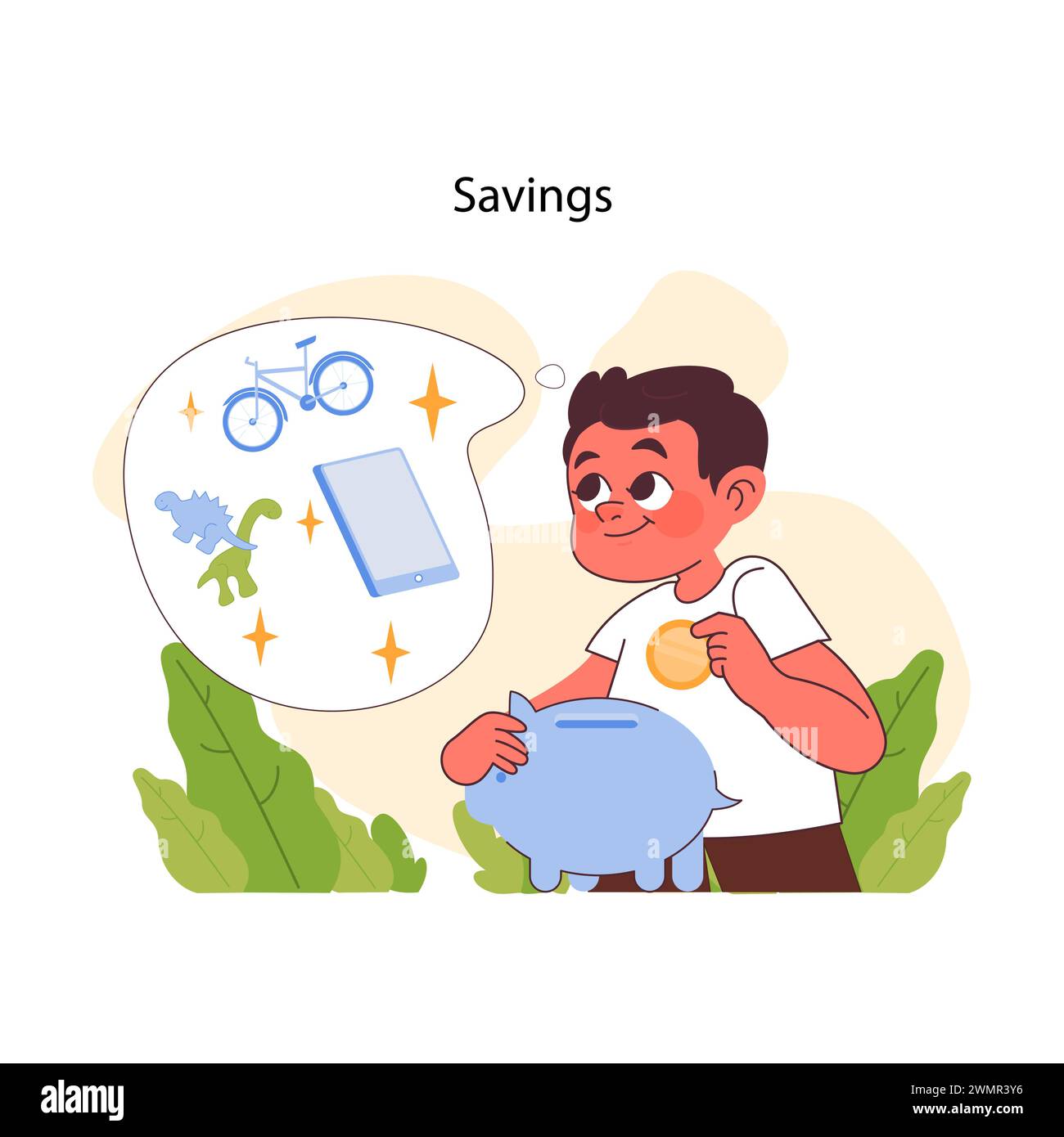 Personal savings concept. Cheerful boy deposits coin in piggybank ...